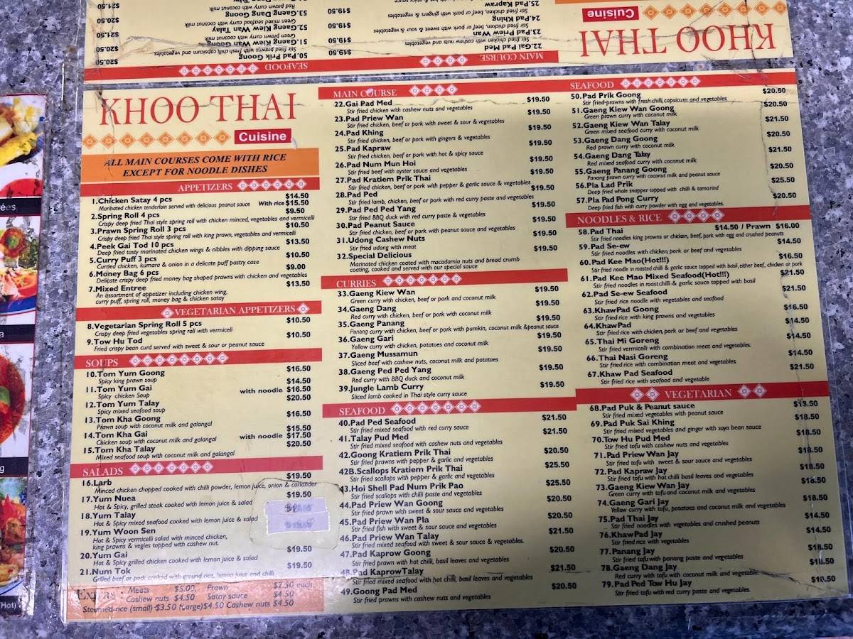 Menu at Khoo Thai Takeaway fast food, Auckland