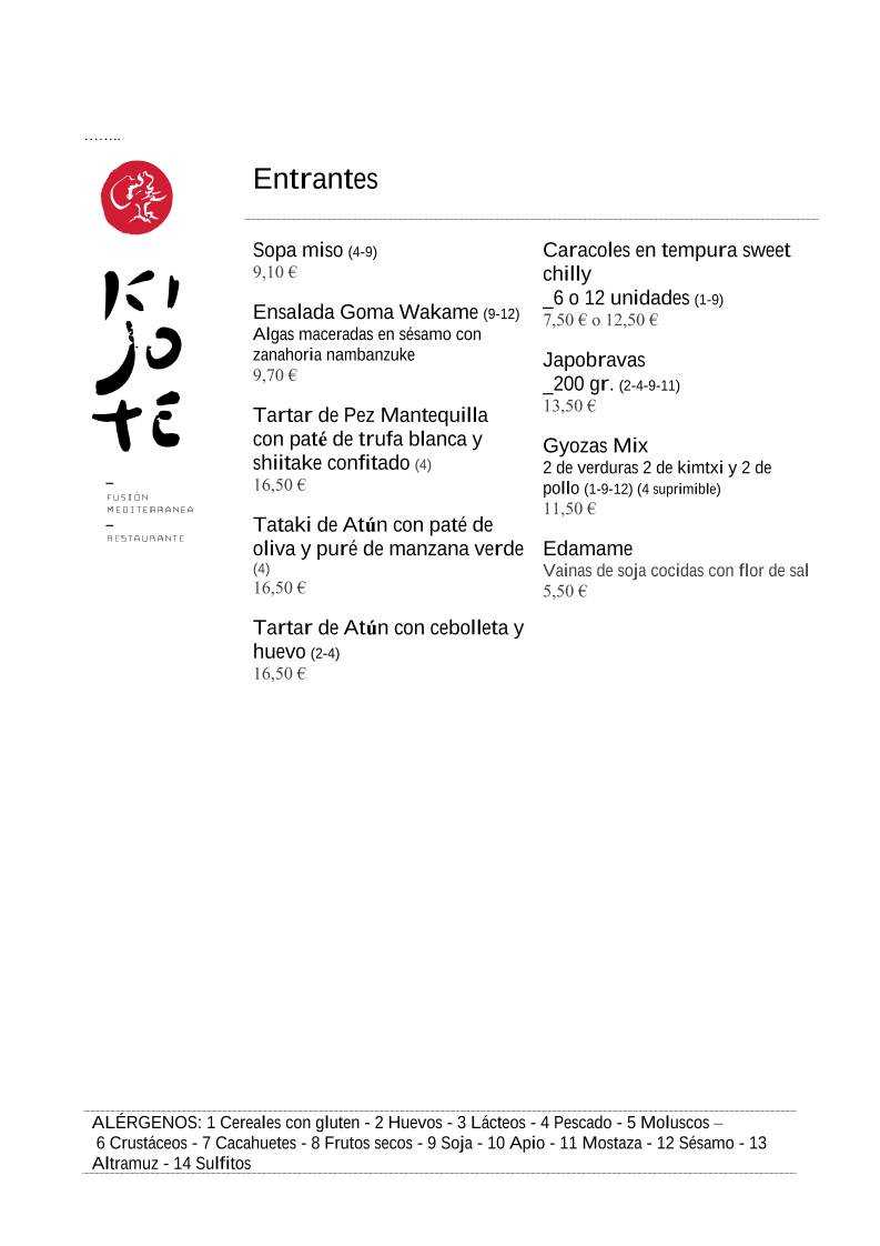 Carta de Ki-Jote Restaurante Fusiòn, Alcala de Henares, C. San Diego