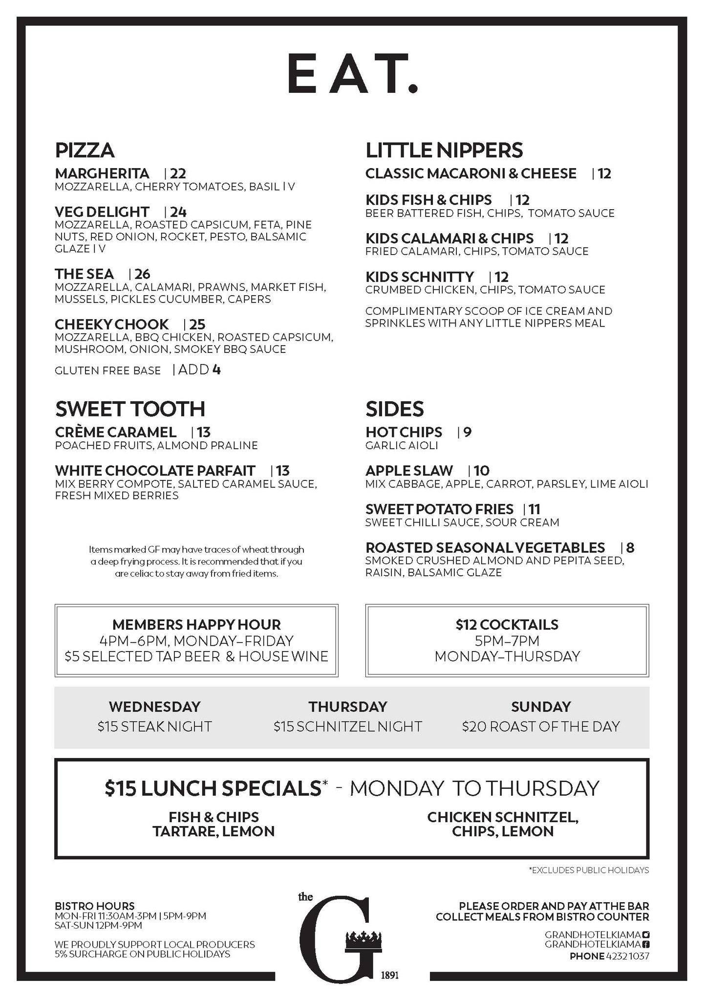 Menu at The Grand Hotel Kiama pub & bar, Kiama