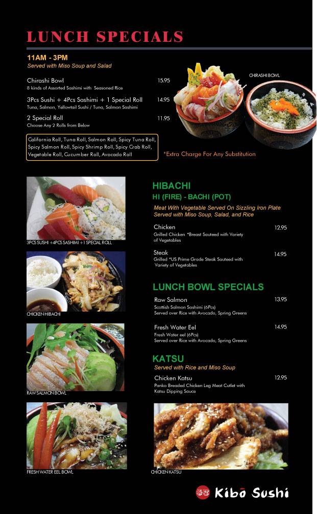 Menu at Kibo Sushi restaurant, Ventura
