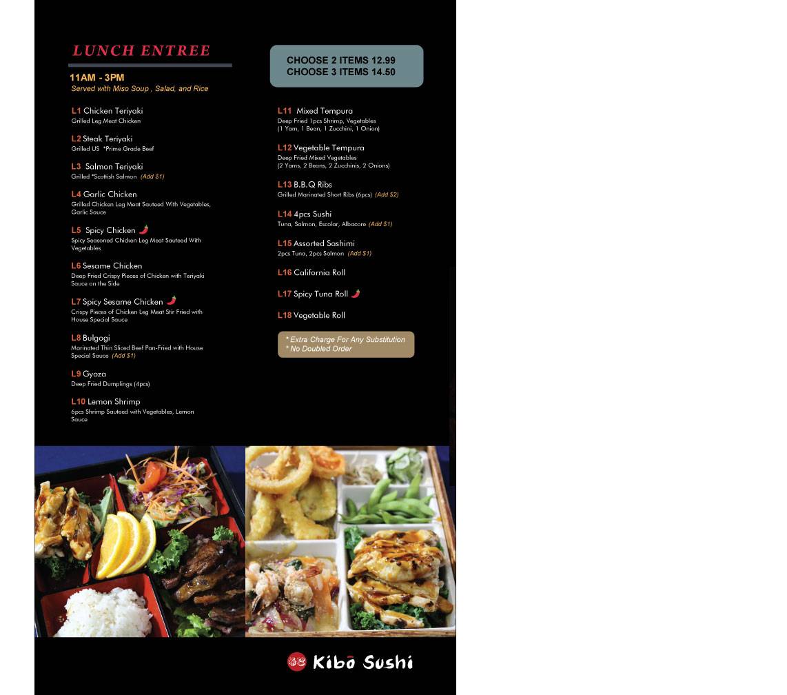 Menu at Kibo Sushi restaurant, Ventura