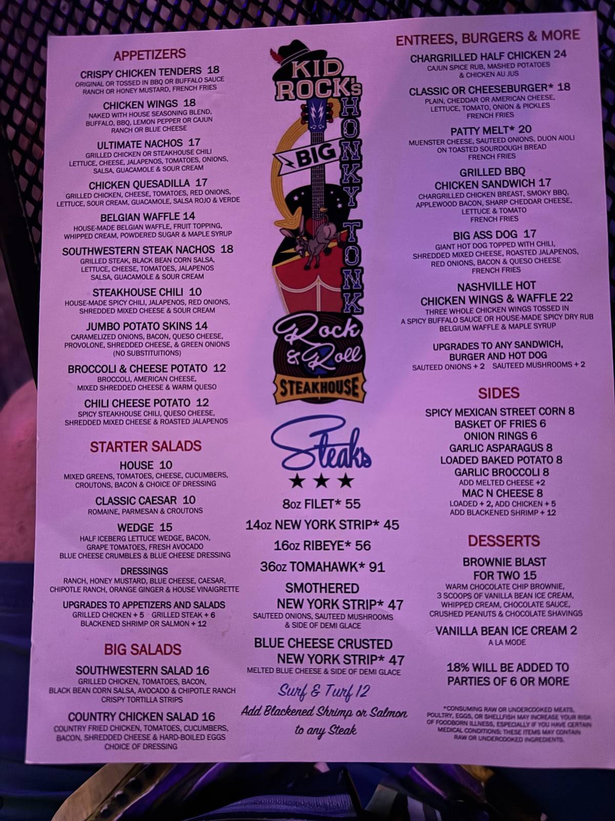 Menu at Kid Rock's Big Ass Honky Tonk Rock N' Roll Steakhouse, Nashville