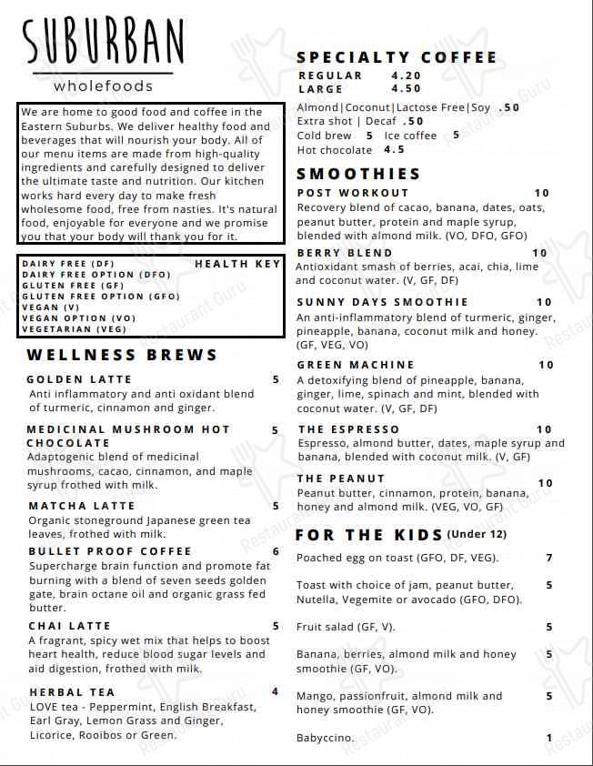 Menu at Suburban Wholefoods cafe, Kilsyth
