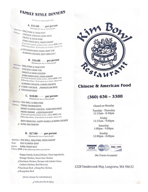 Menu at Kim Bowl Restaurant & Lounge, Longview