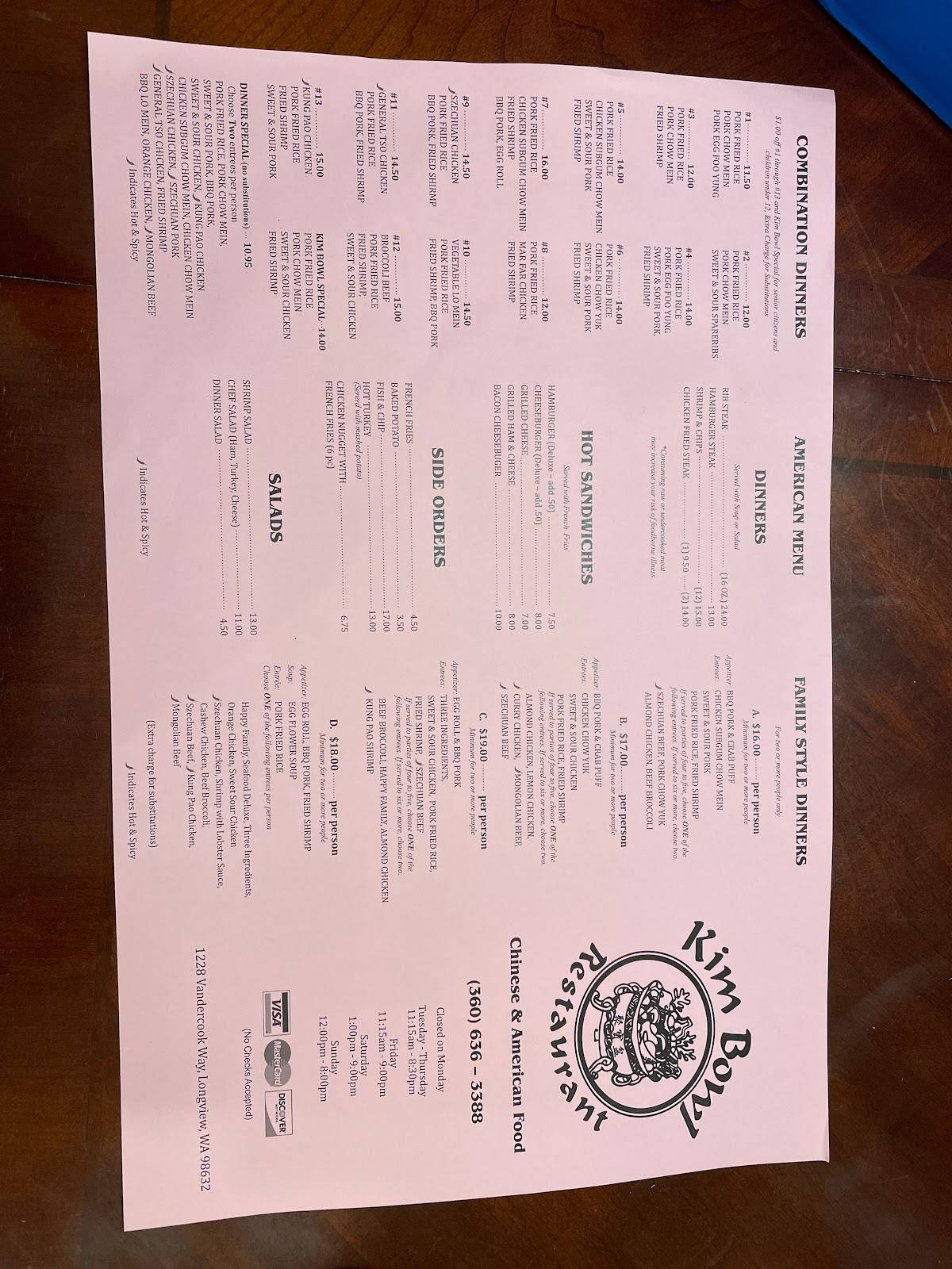 Menu at Kim Bowl Restaurant & Lounge, Longview