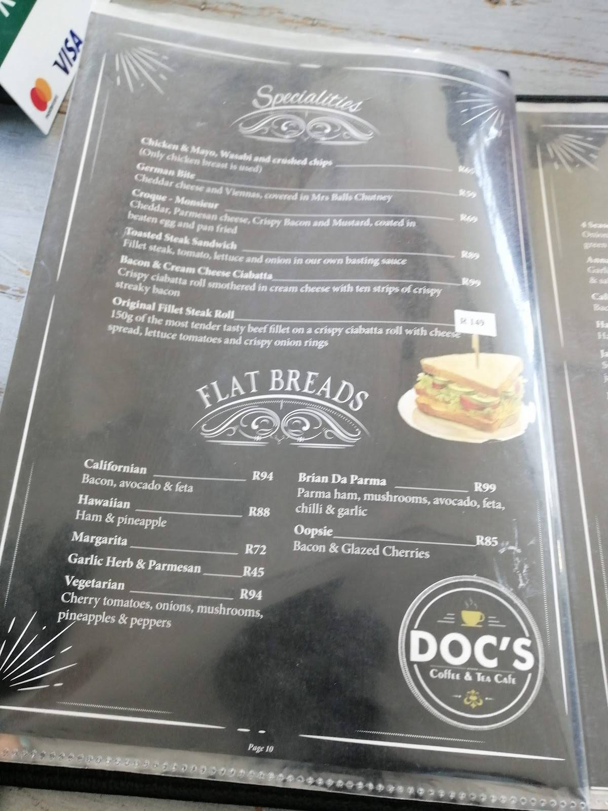 Menu at Doc's Coffee restaurant, Kimberley