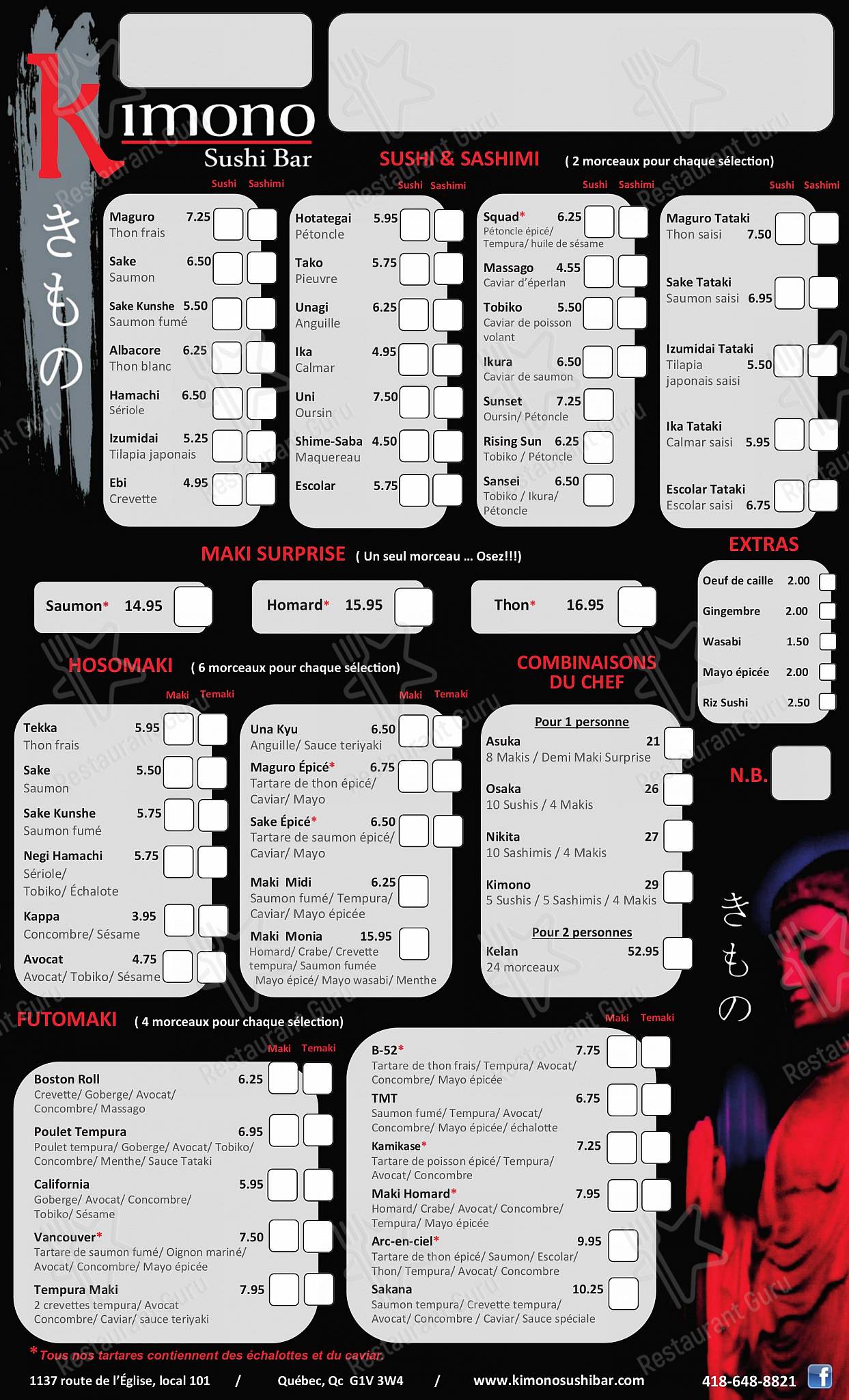 Menu au Kimono Sushi Bar, Québec