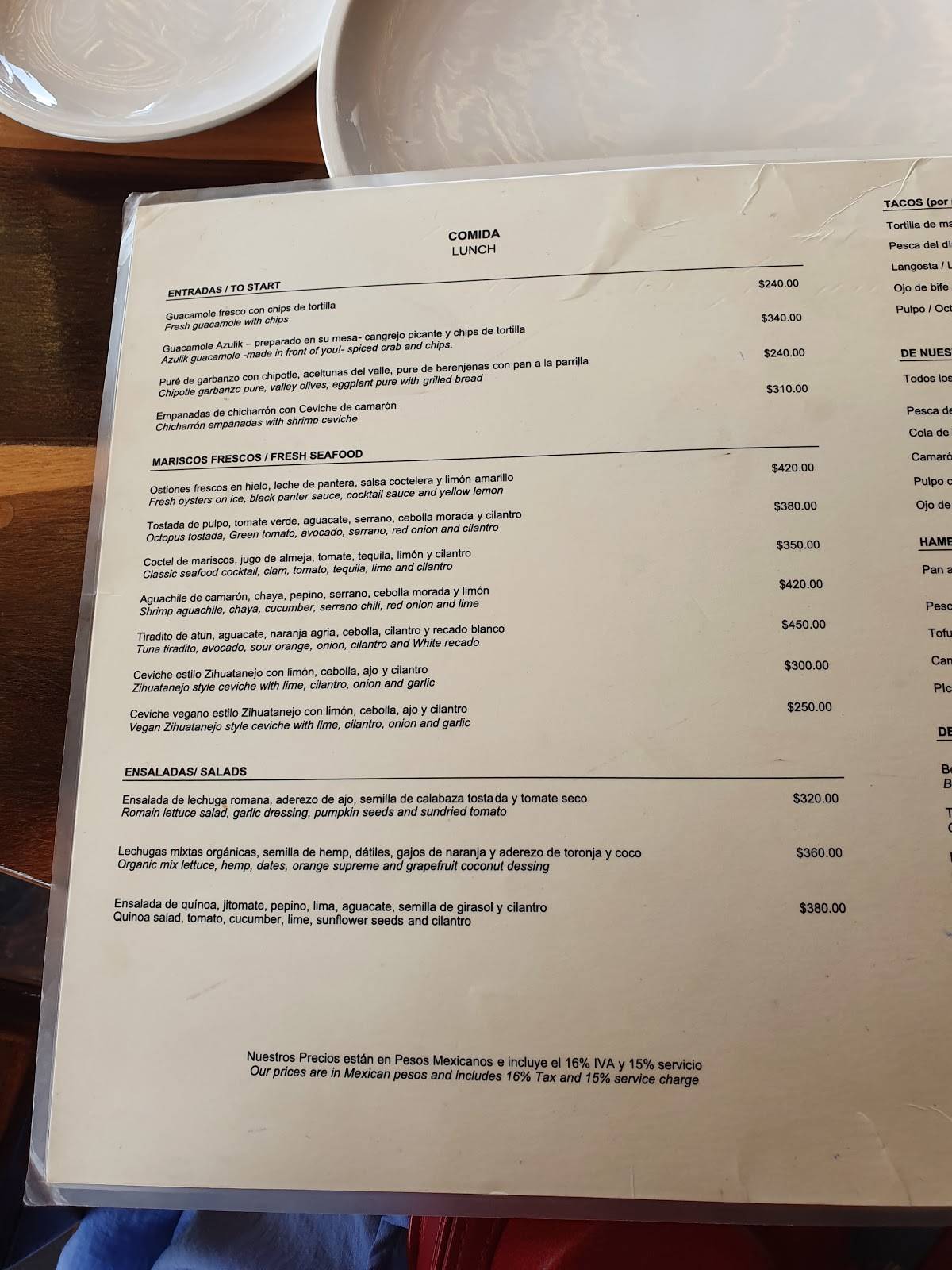 Menu at Kin Toh restaurant, Tulum