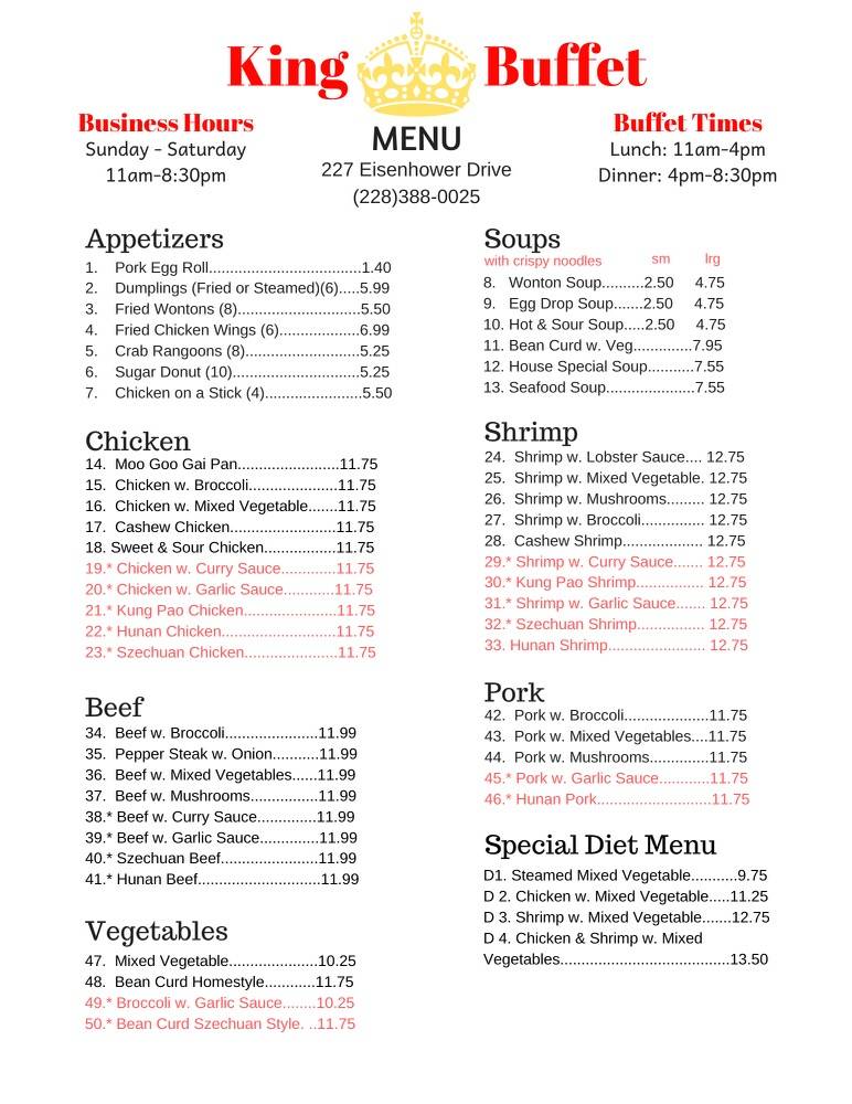 King Buffet Menu For Menu At King Buffet Restaurant, Biloxi