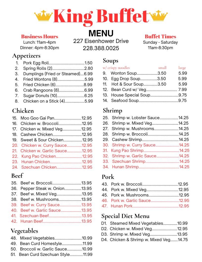 Menu at King Buffet restaurant, Biloxi