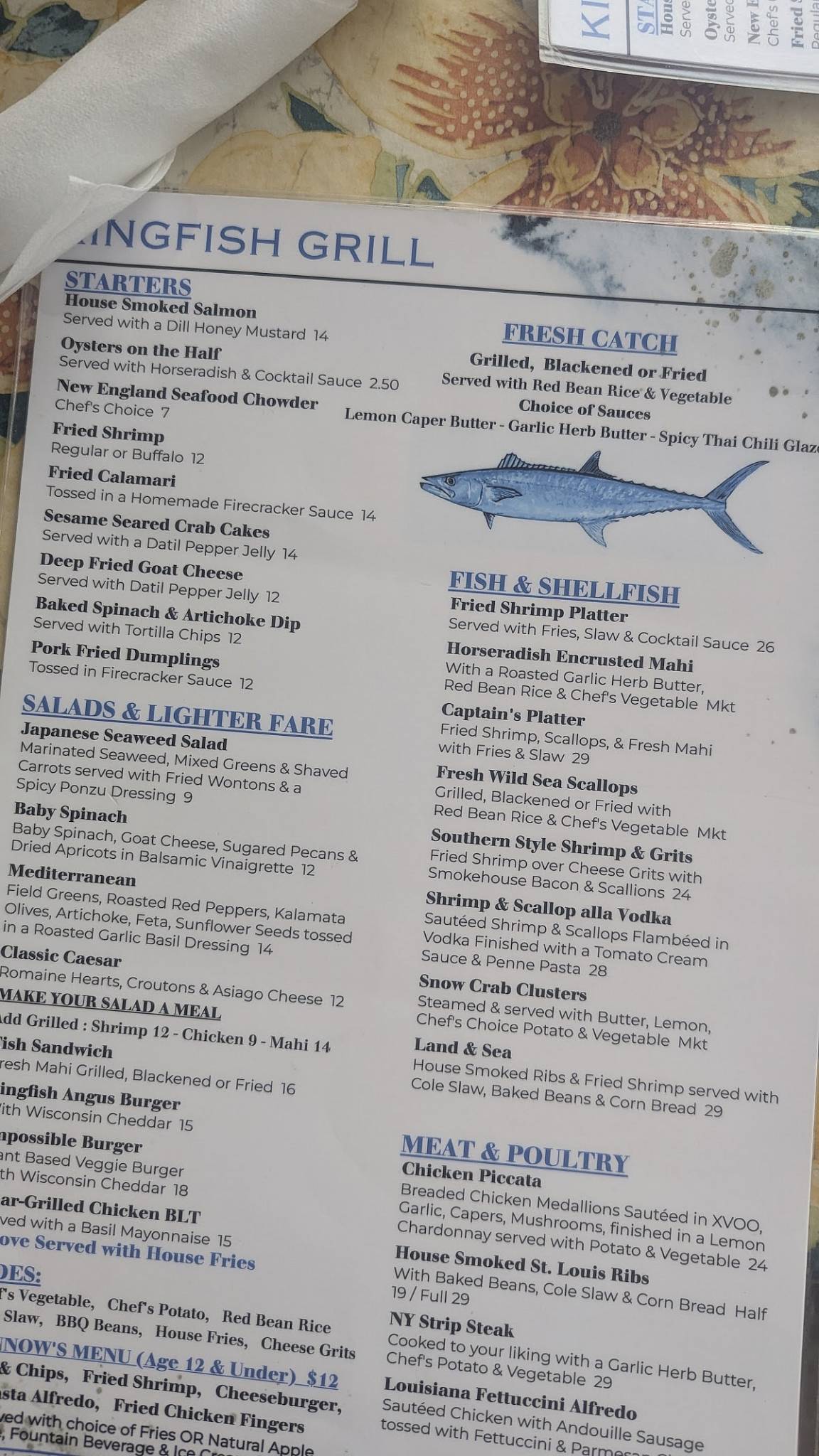 Menu at Kingfish Grill.....Only Fresh Fish! restaurant, St. Augustine