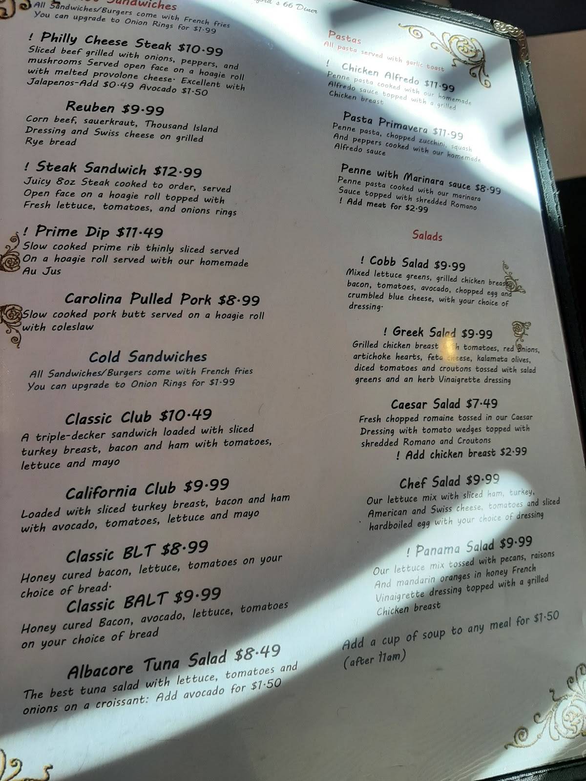 Menu at Rutherford's 66 Family Diner restaurant, Kingman