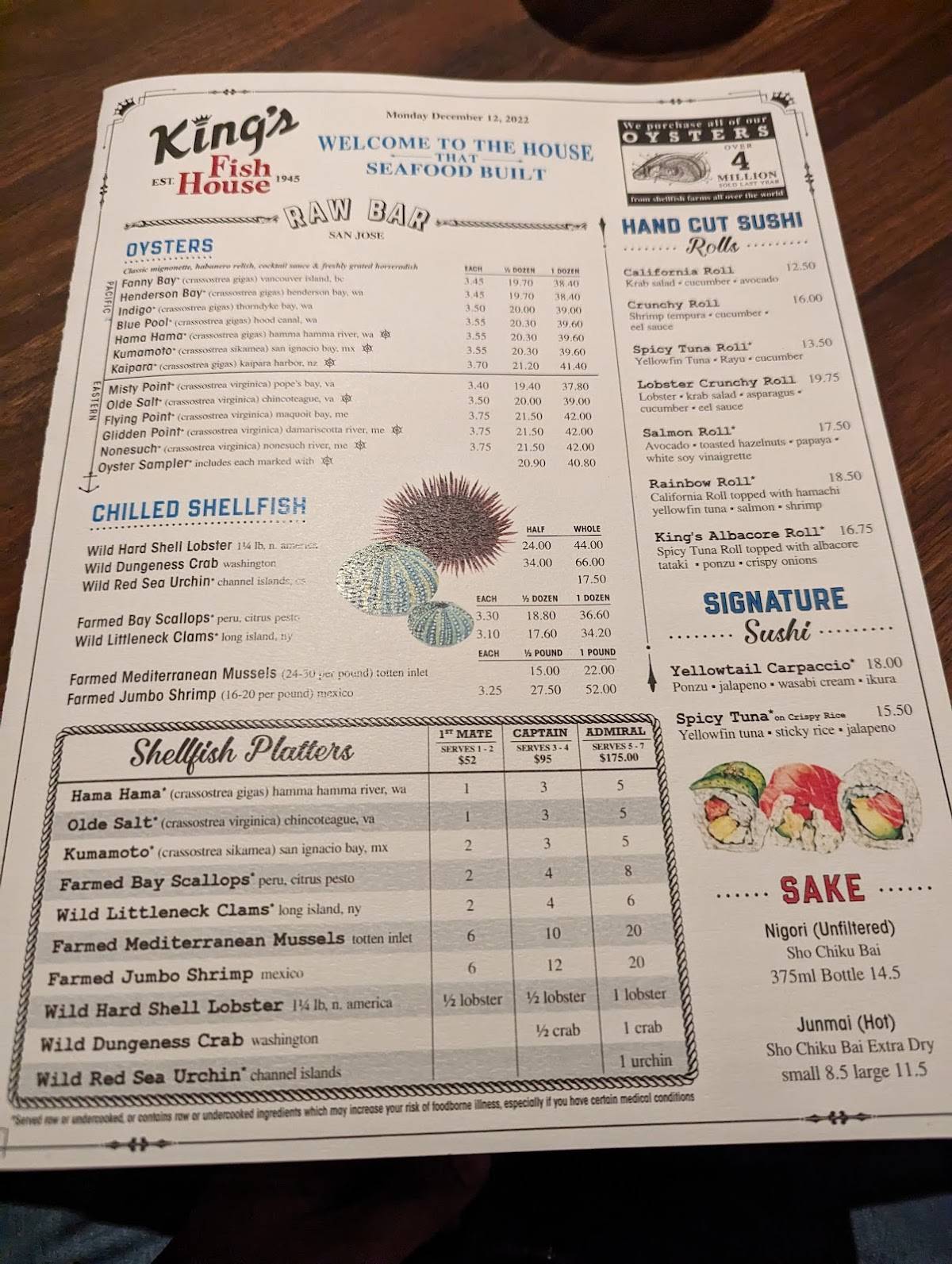 Menu at King's Fish House restaurant, San Jose, Stevens Creek Blvd