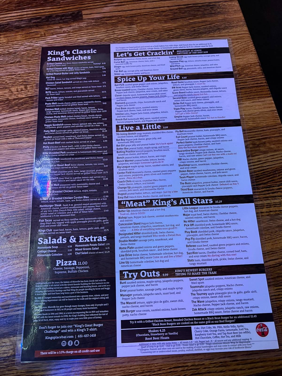 Menu at King's Place Bar and Grill, Miesville