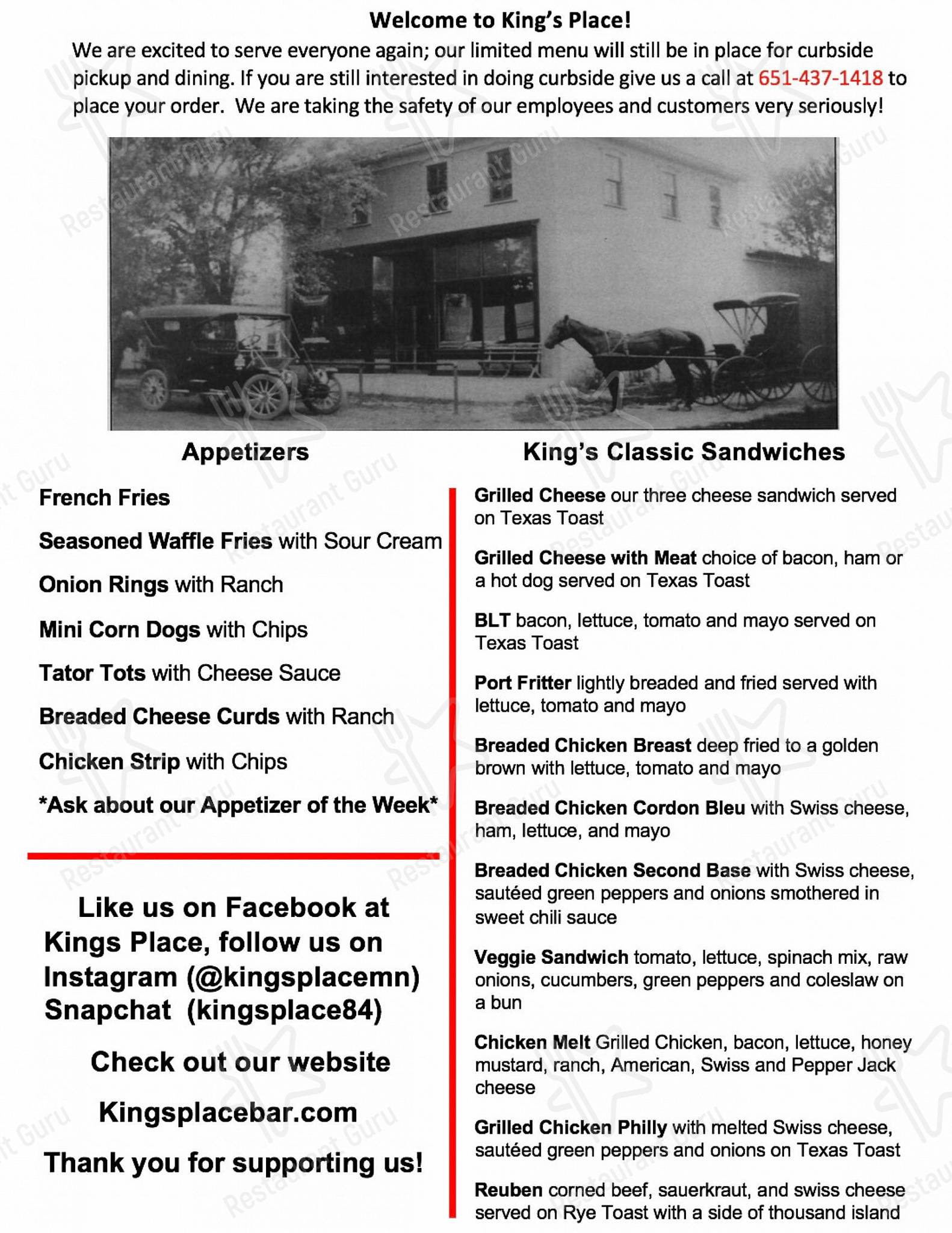 Menu at King's Place Bar and Grill, Miesville