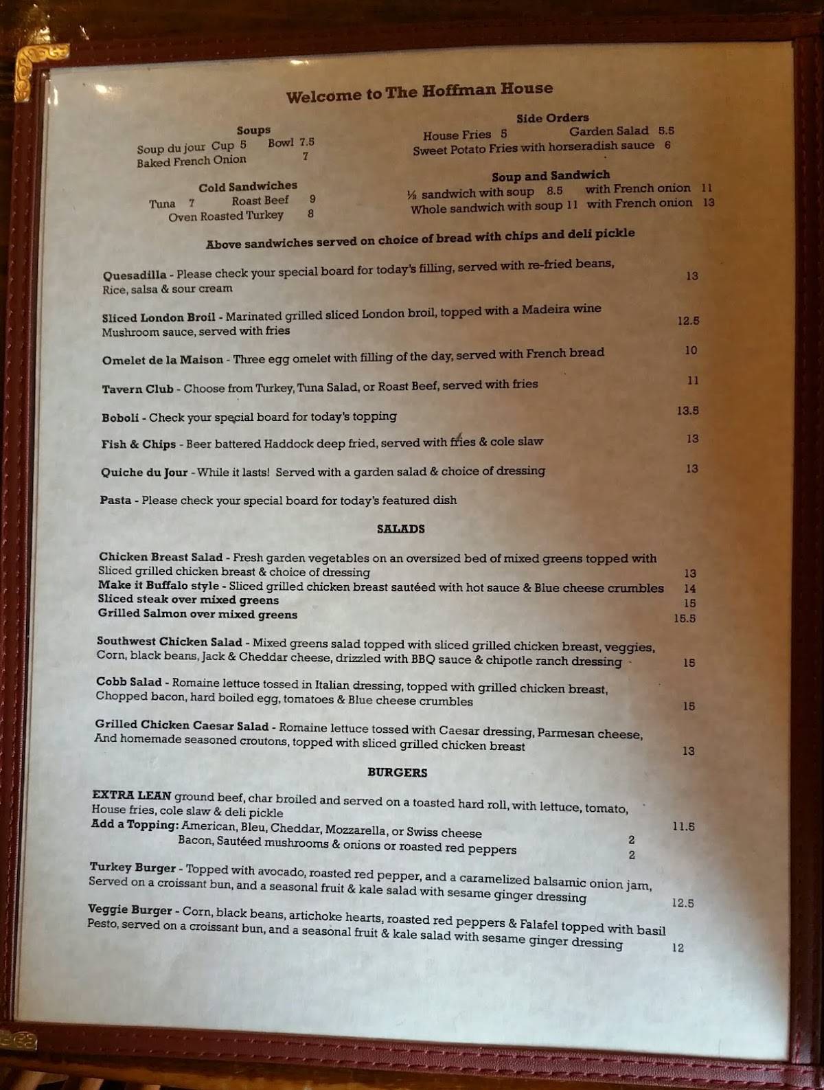 Menu at Hoffman House restaurant, Kingston