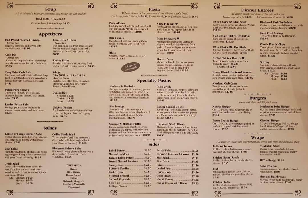 Menu at Monroe's steakhouse, Kingwood