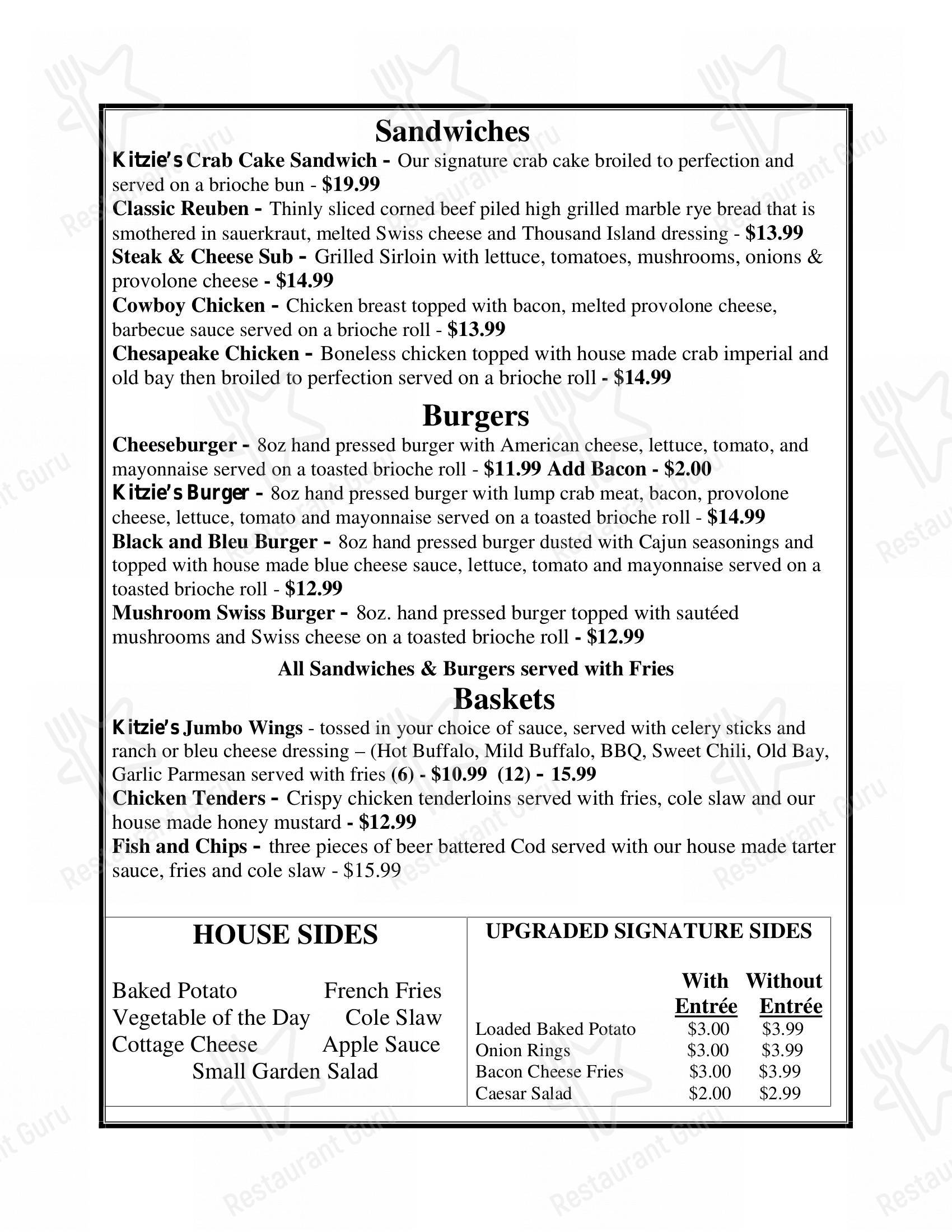 Menu at Kitzie's of Spring Mills restaurant, Falling Waters ...