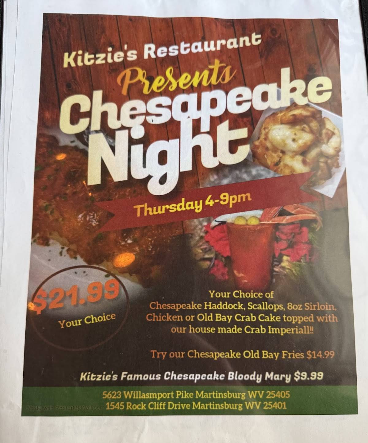 Menu at Kitzie's of Spring Mills restaurant, Falling Waters ...