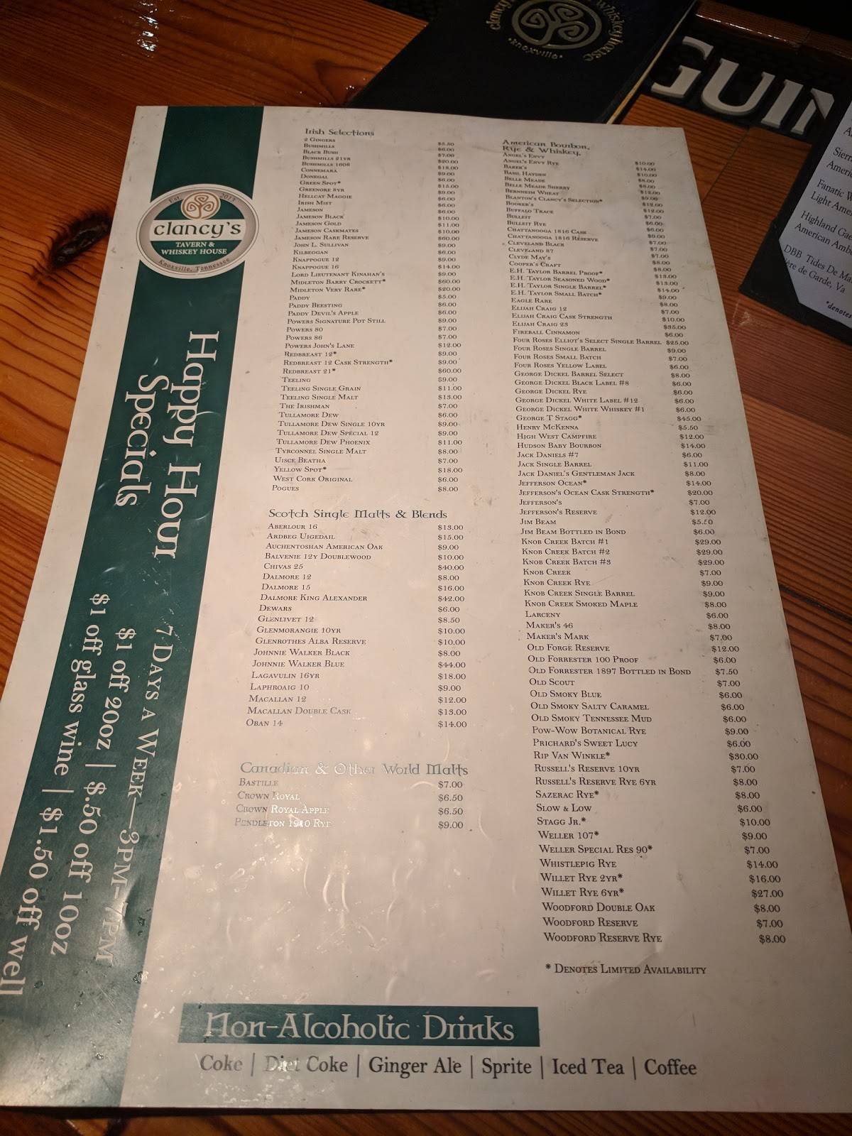 Menu at Clancy's Tavern & Whiskey House pub & bar, Knoxville