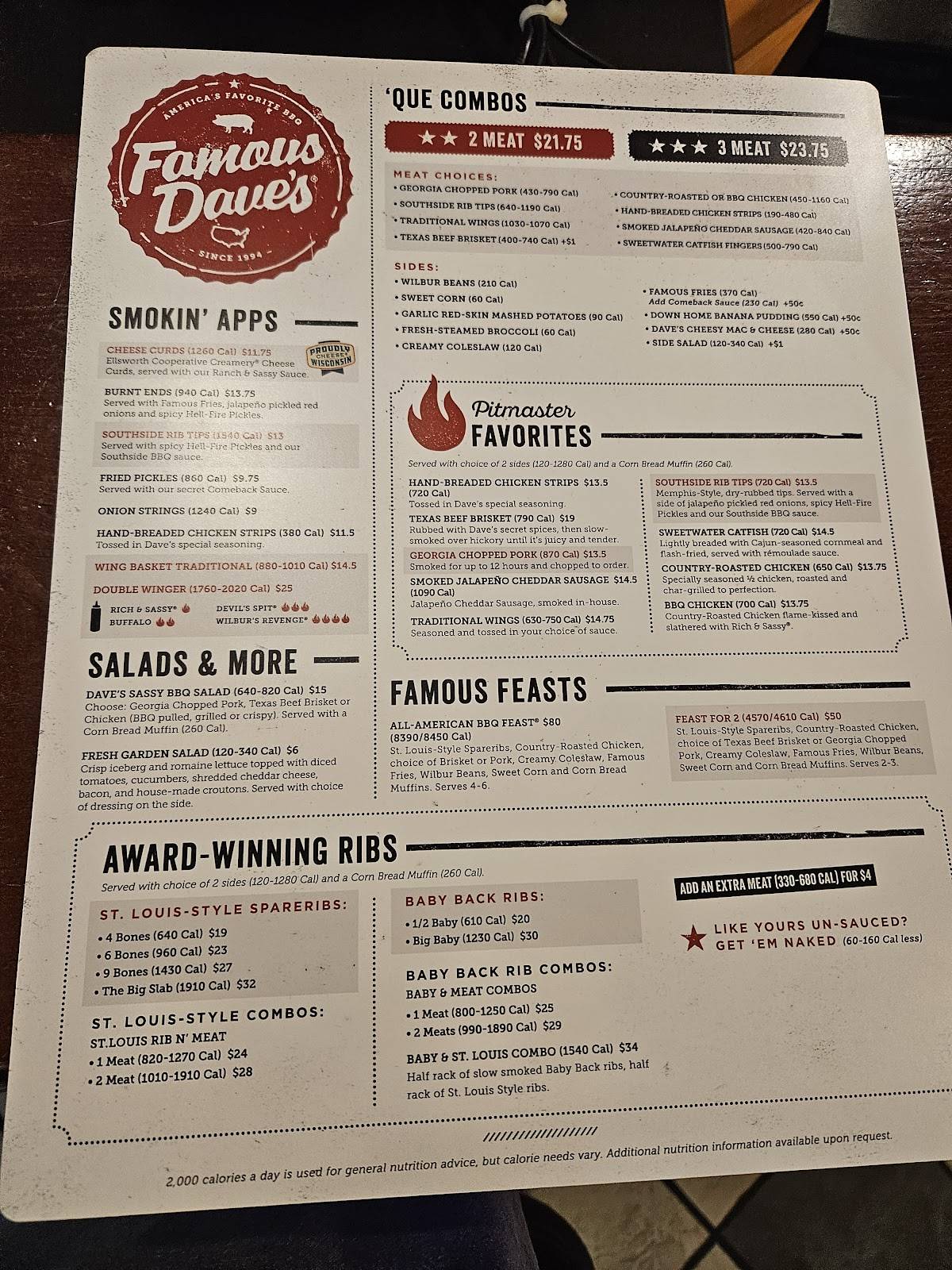 Menu at Famous Dave's Bar-B-Que, Knoxville