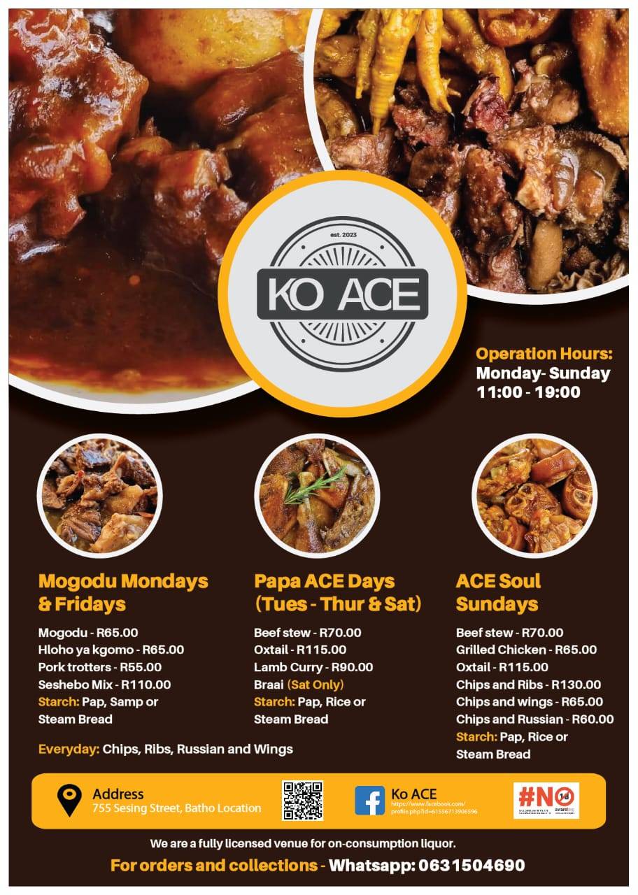 Menu at Ko ACE restaurant, Bloemfontein