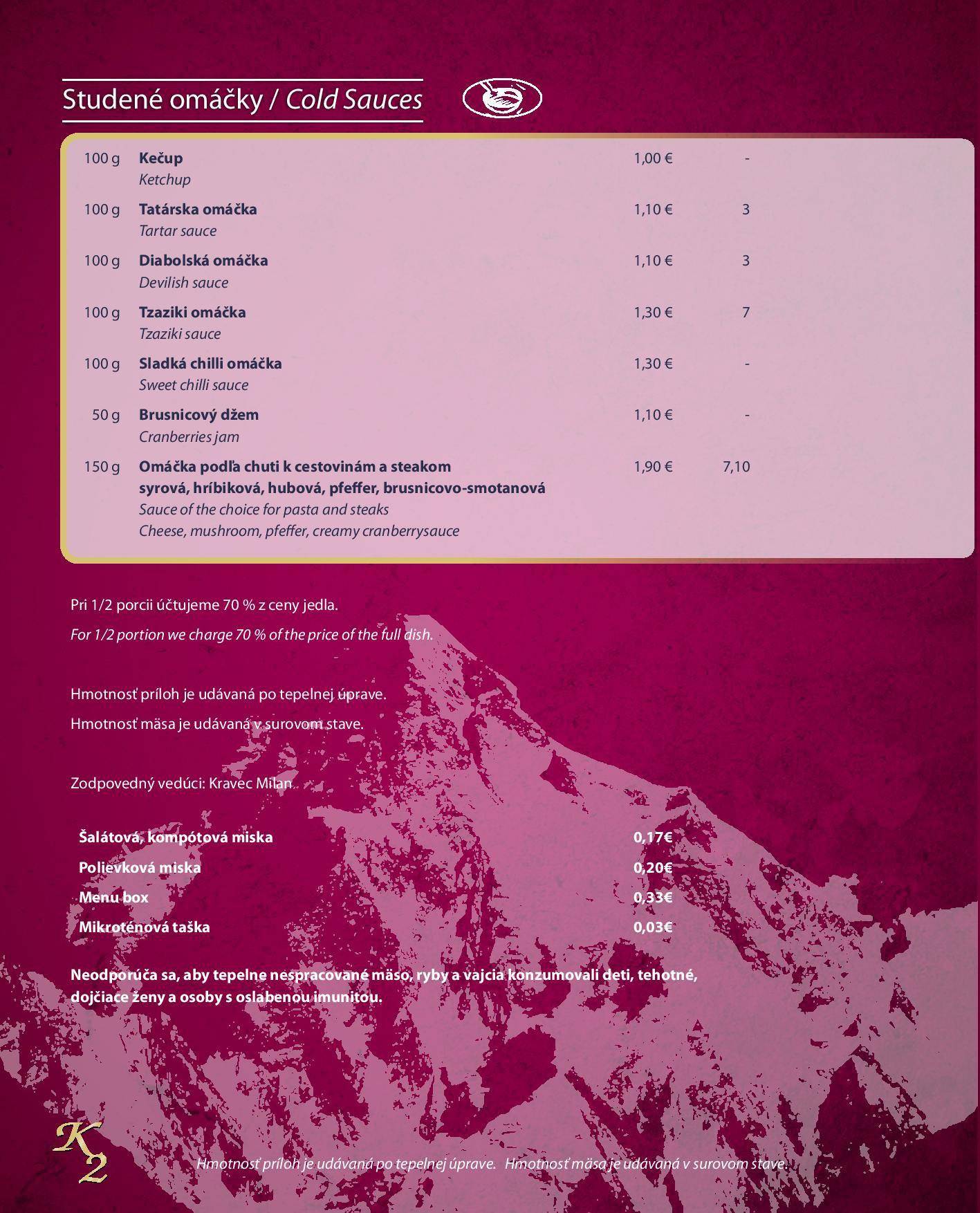 Menu at K2 restaurant, Košice