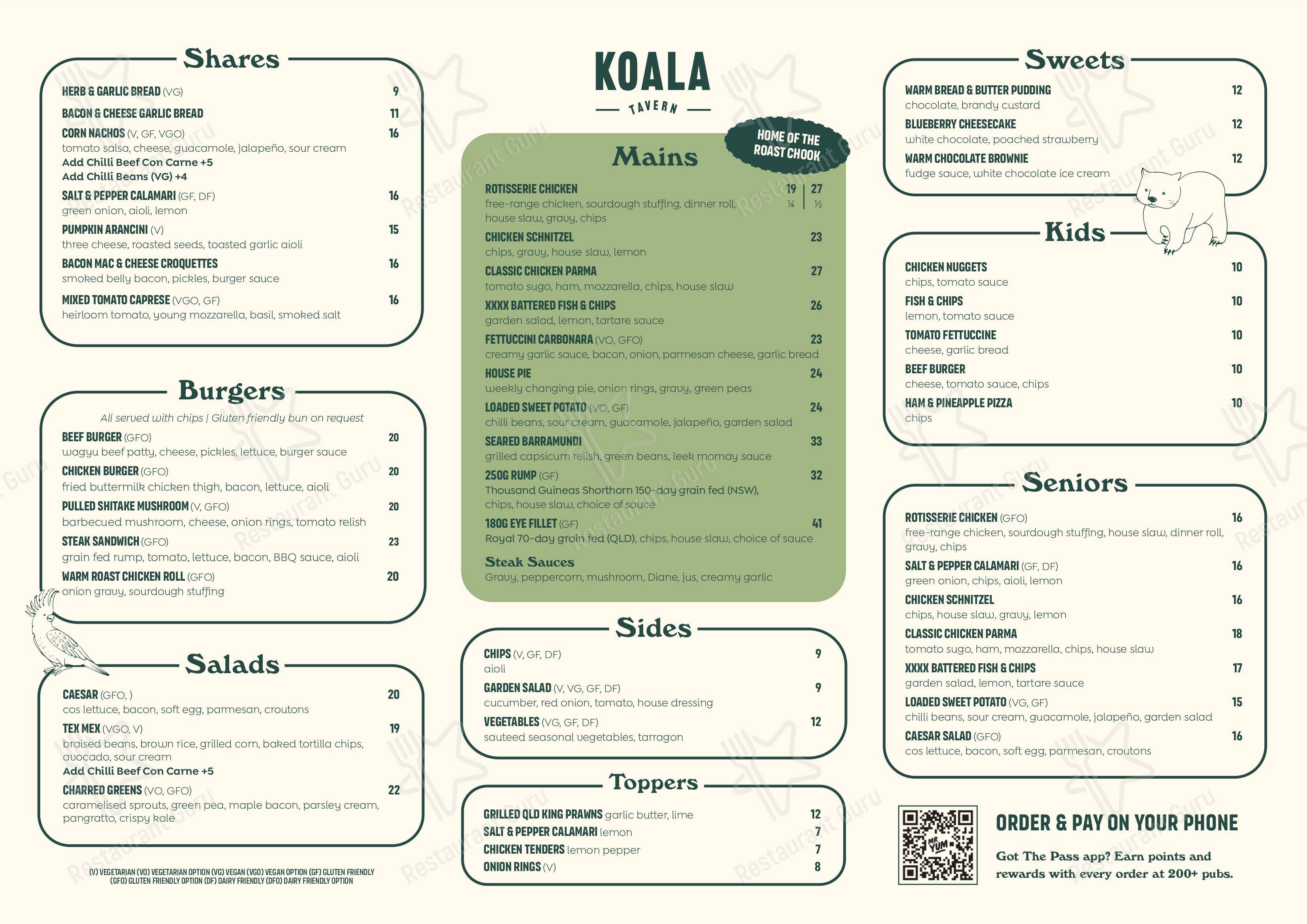 Menu at Koala Tavern pub & bar, Capalaba, 36-40 Moreton Bay Rd