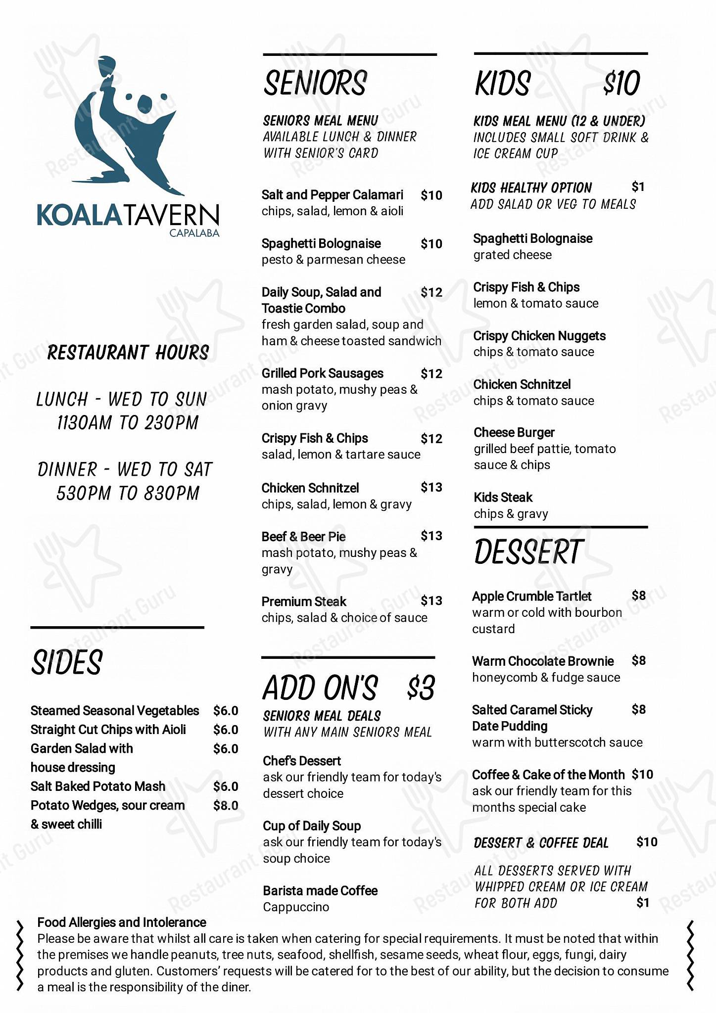 Menu at Koala Tavern pub & bar, Capalaba, 36-40 Moreton Bay Rd