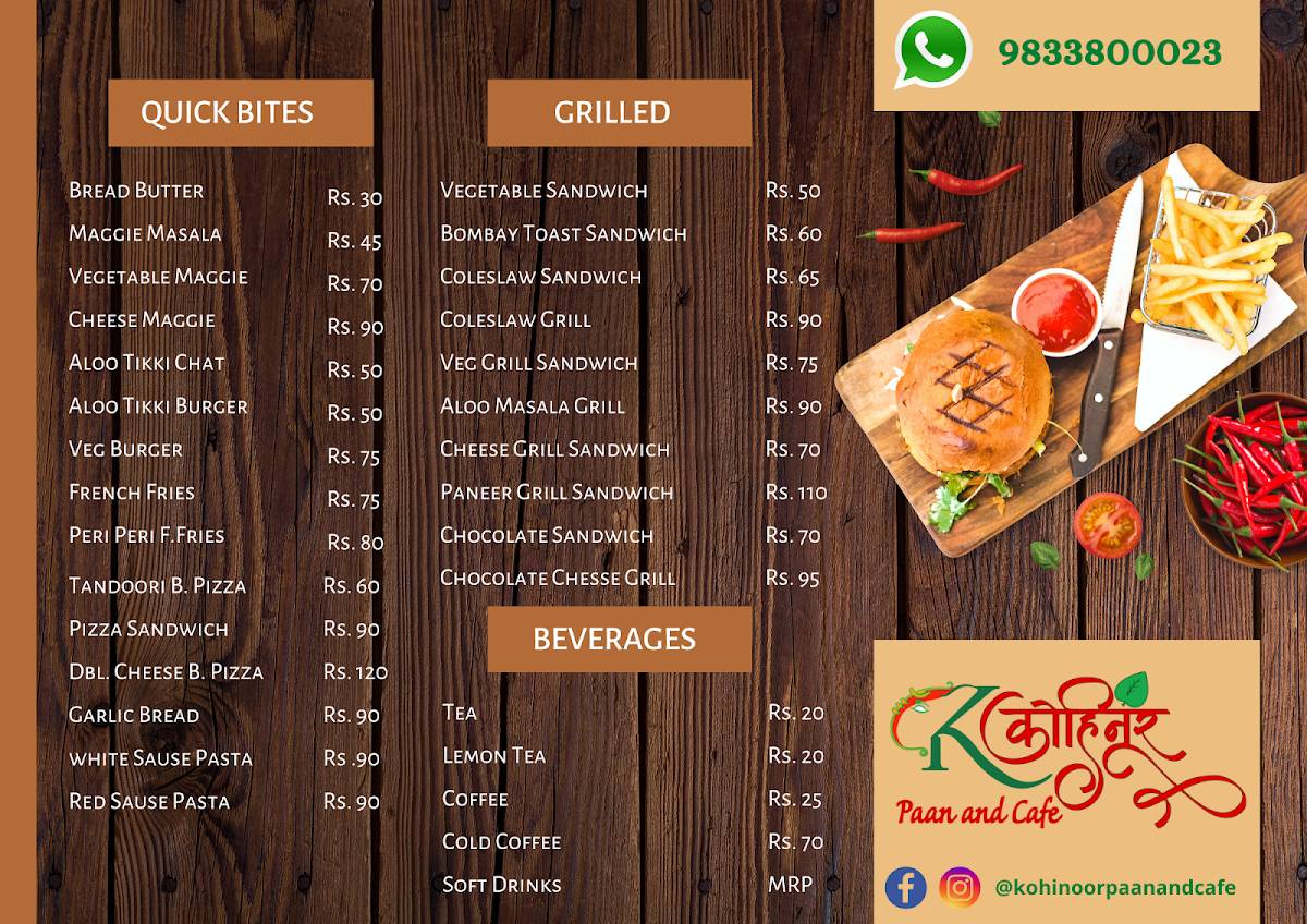 Menu at Kohinoor Cafe, Udaipur