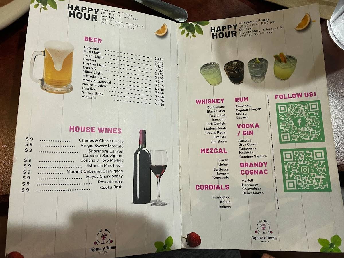 Carta del restaurante Kome y Toma, Austin