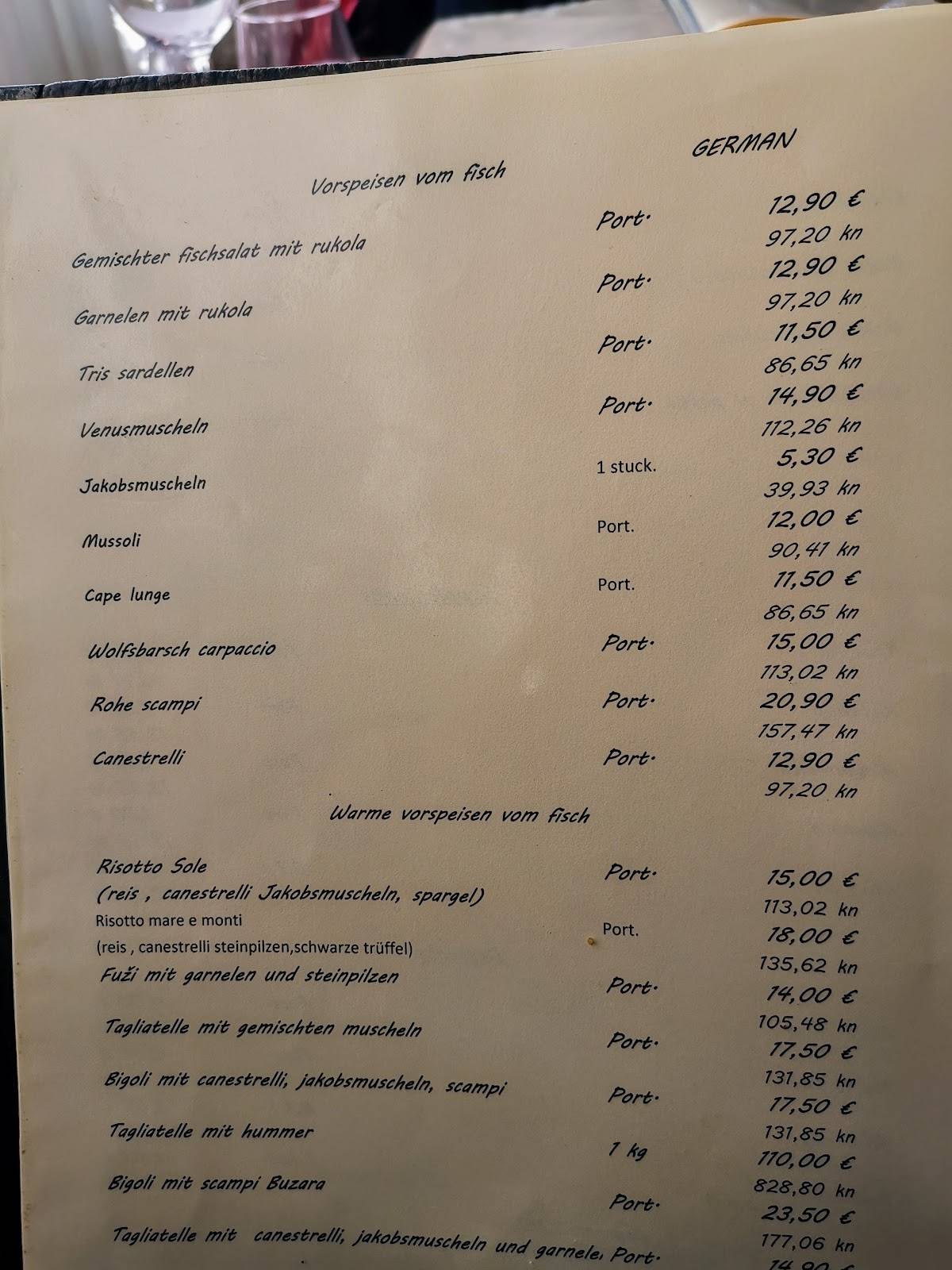 Menu au Konoba Sole restaurant, Juricani