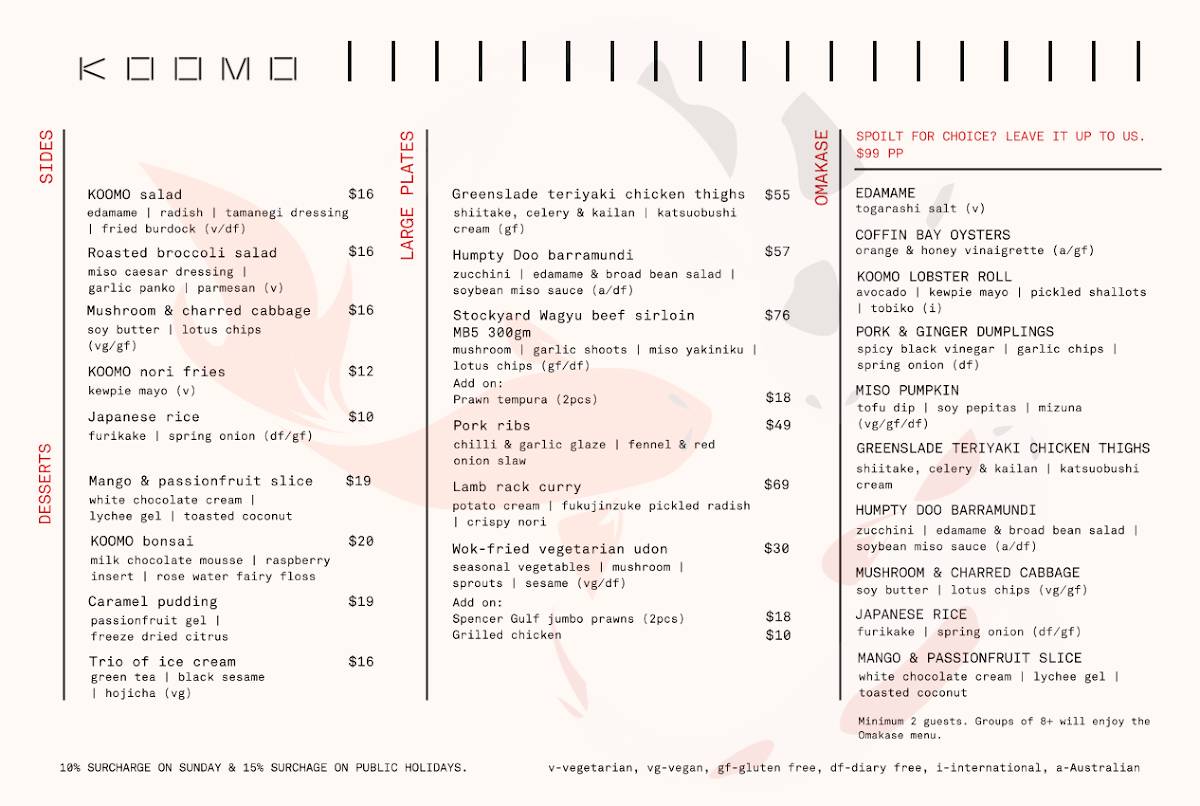 Menu at Koomo Restaurant & Bar, Adelaide