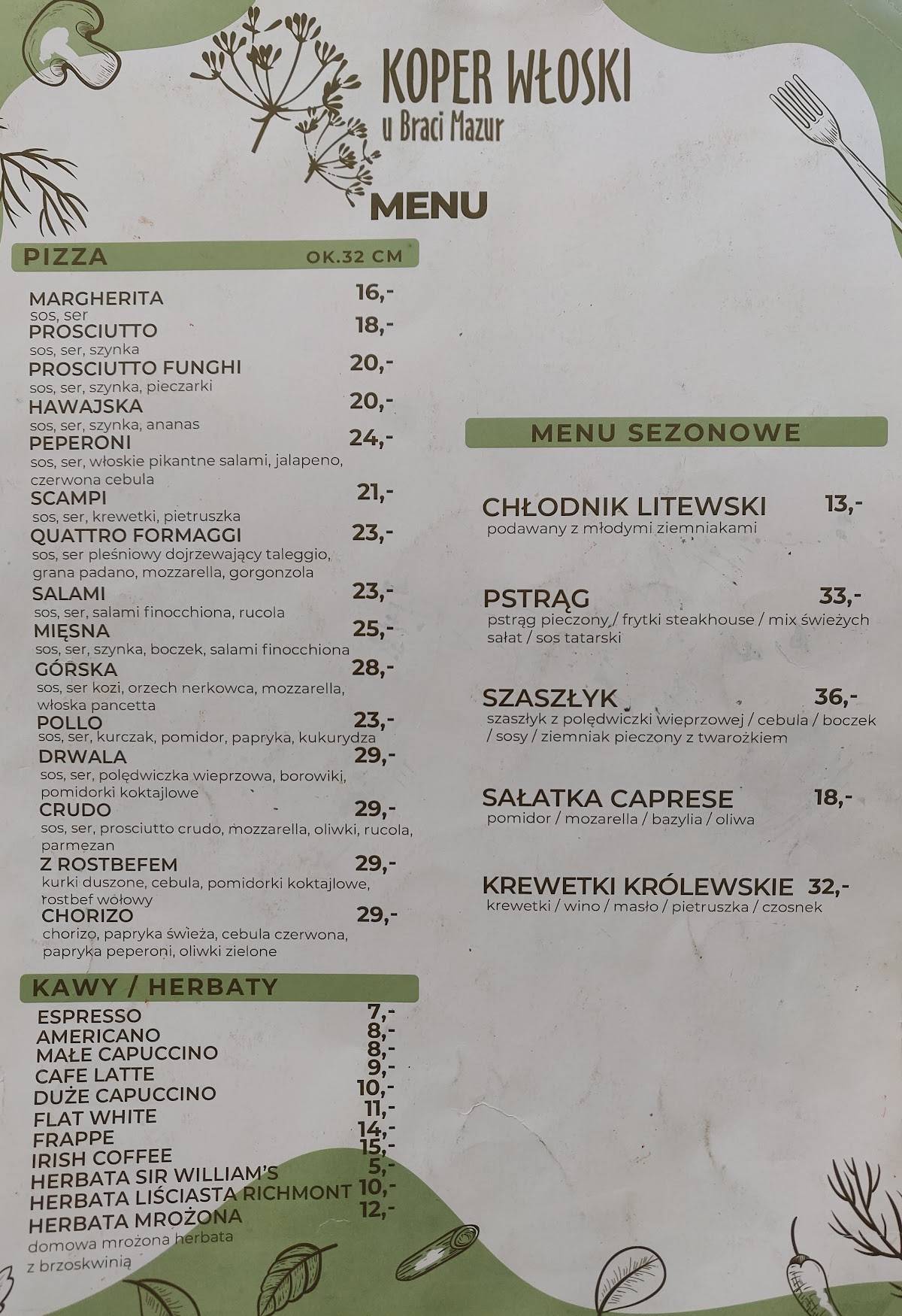 Menu at Koper Włoski u Braci Mazur pizzeria, Lublin