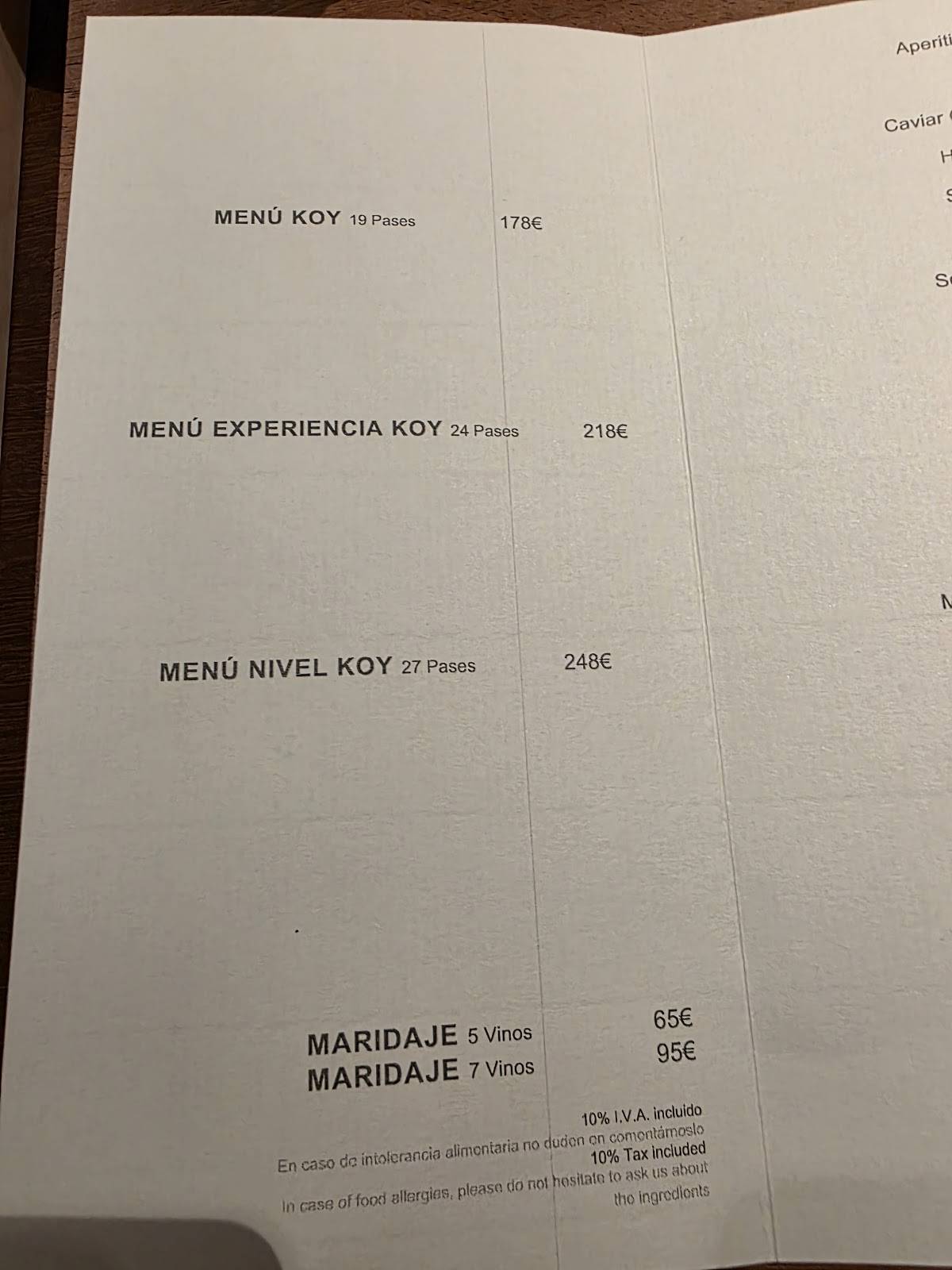 Carta del restaurante Koy Shunka, Barcelona