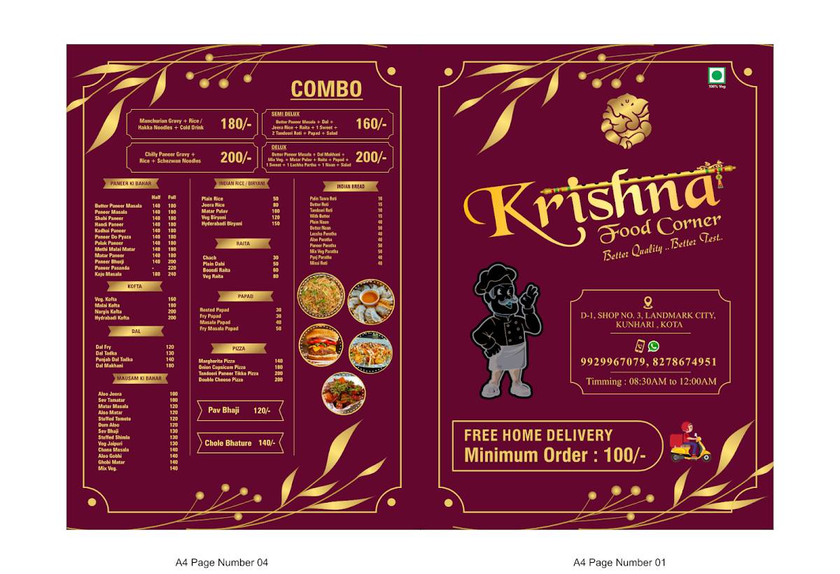 Menu at Krishna Food Corner, Kota, shop no.3