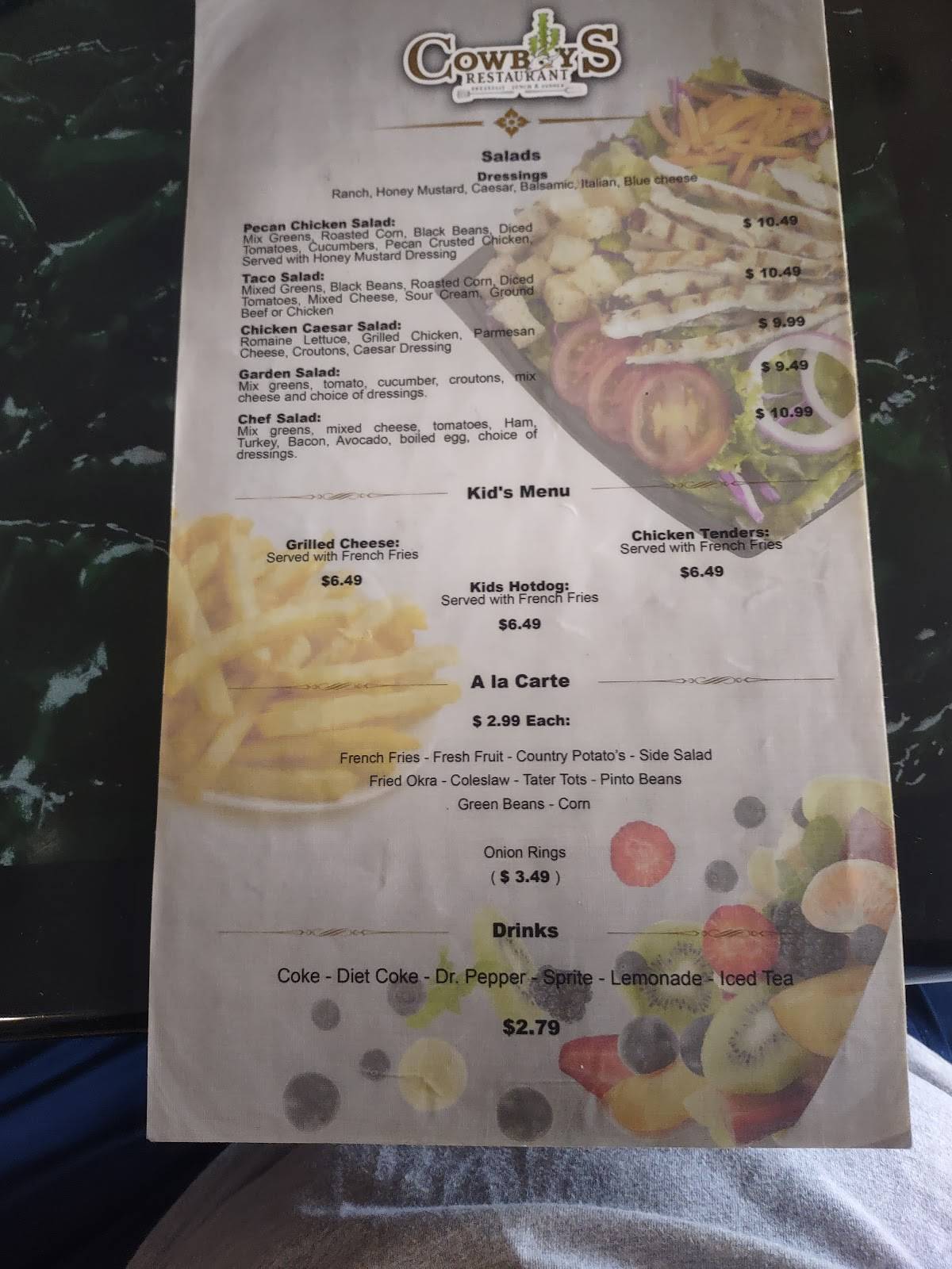 Menu at Cowboys Restaurant, Krum