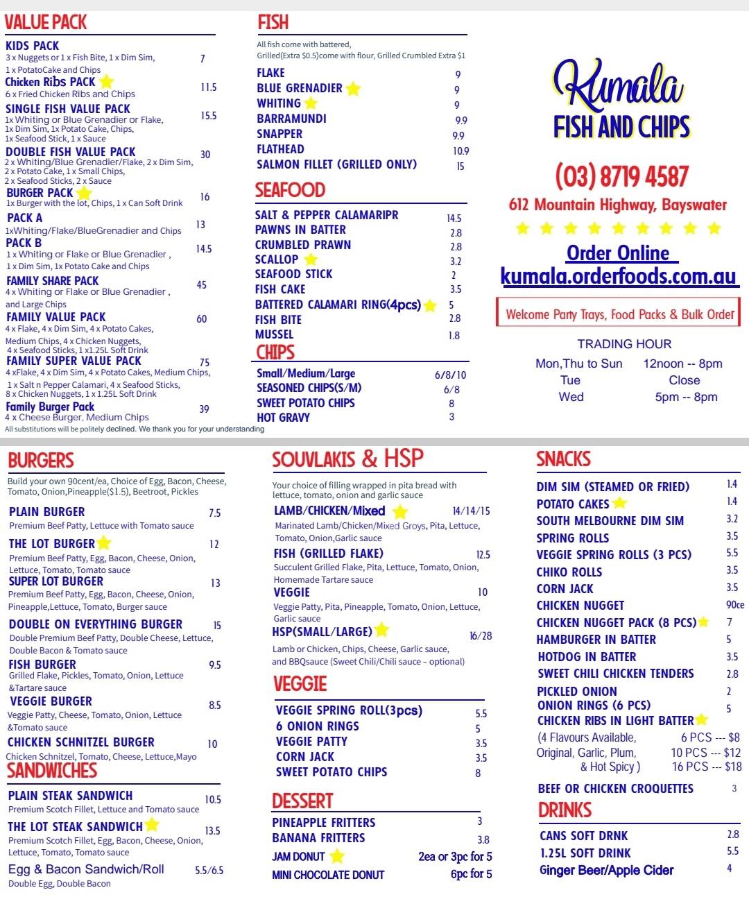 Menu at Kumala Fish & Chips restaurant, Bayswater
