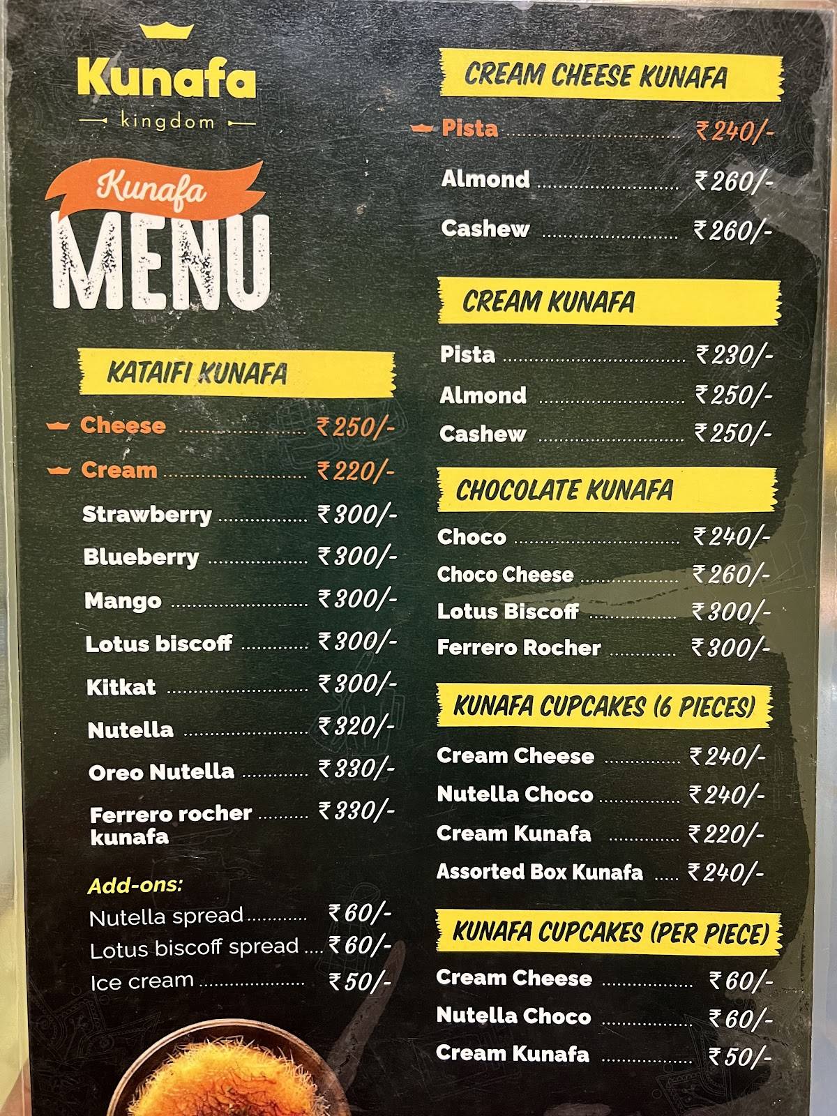 Menu at Kunafa Kingdom, Hyderabad