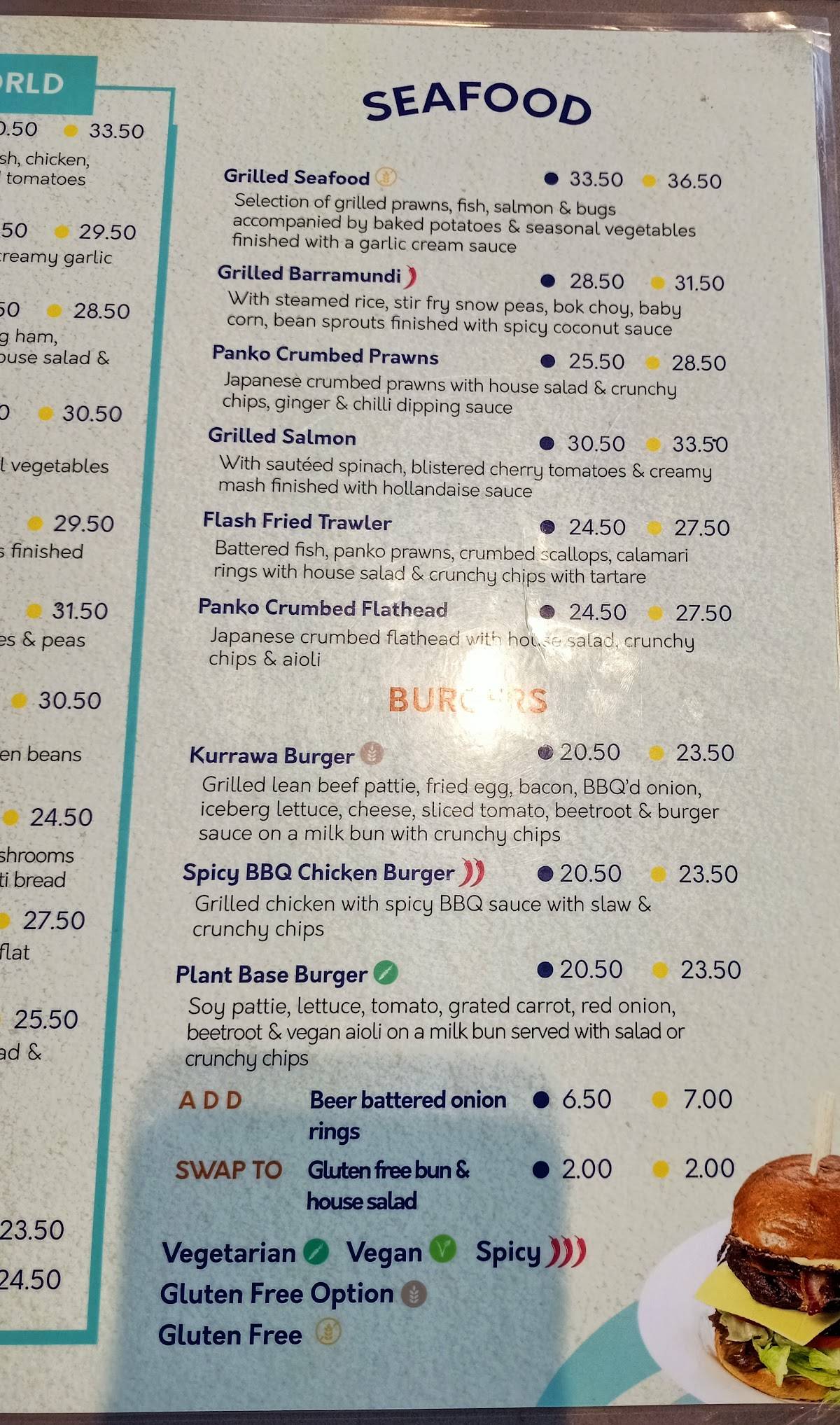Menu at Kurrawa Surf Club, Broadbeach