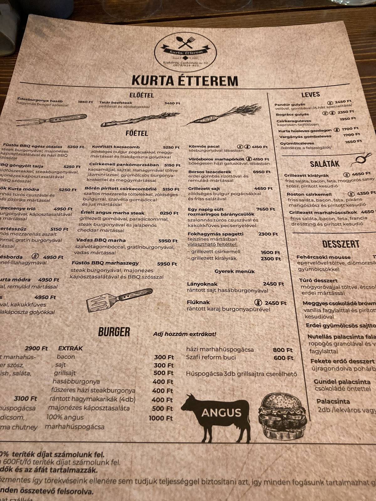 Menu at Kurta Étterem restaurant, Kiskőrös