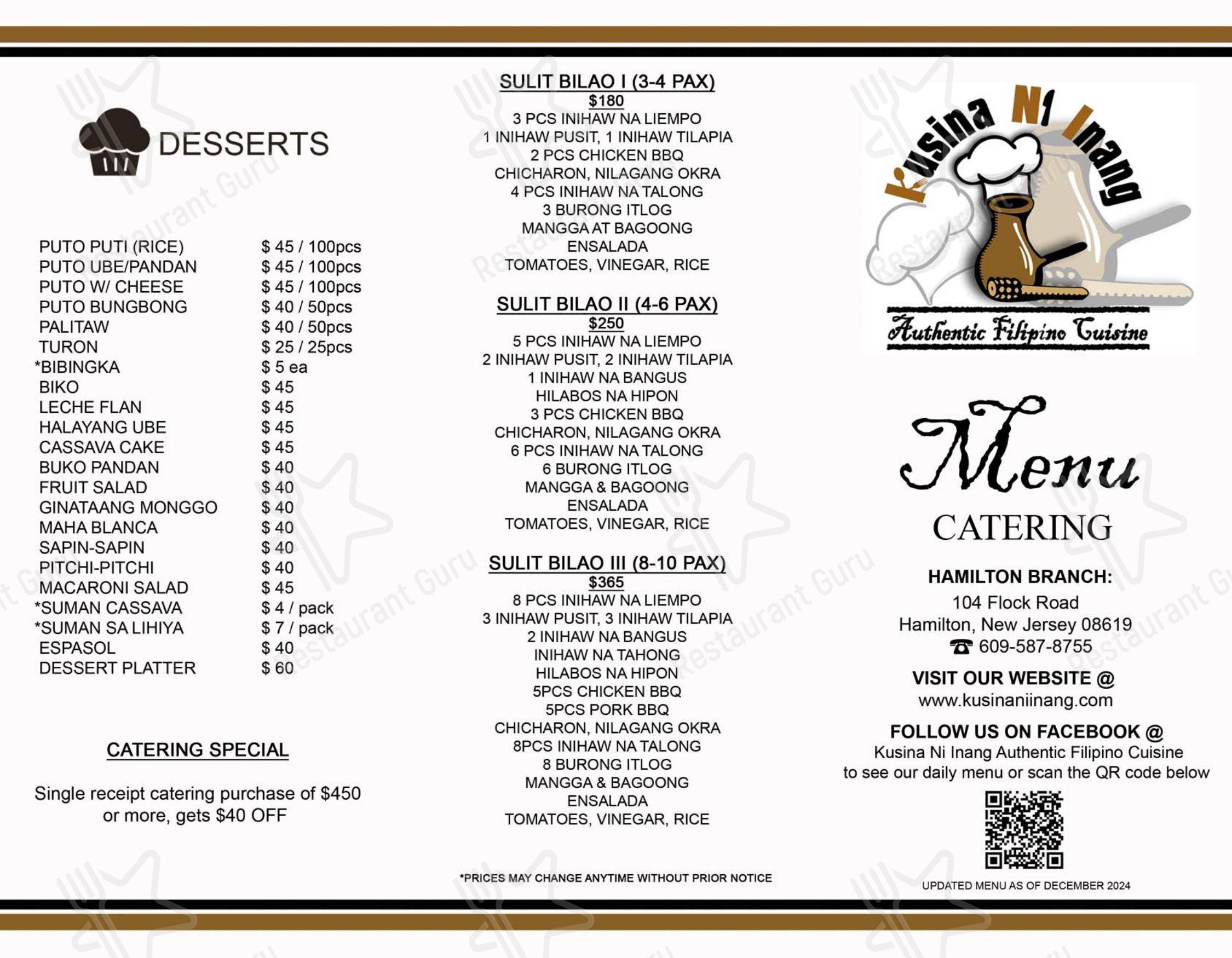Menu at Kusina Ni Inang restaurant, Hamilton Township