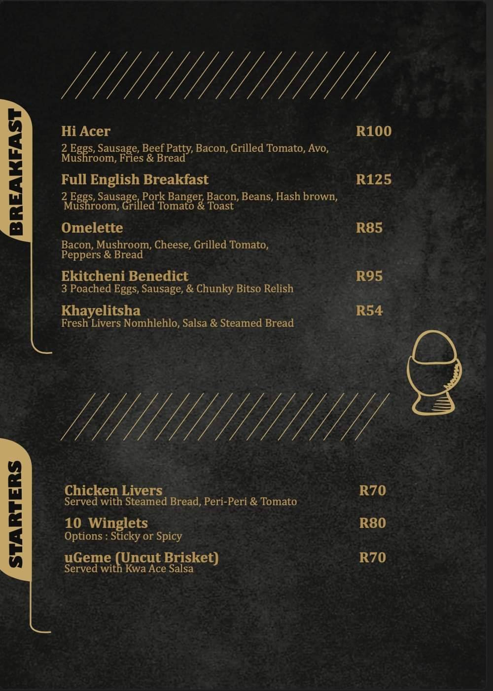 Menu at Kwa Ace EKitcheni restaurant, Cape Town
