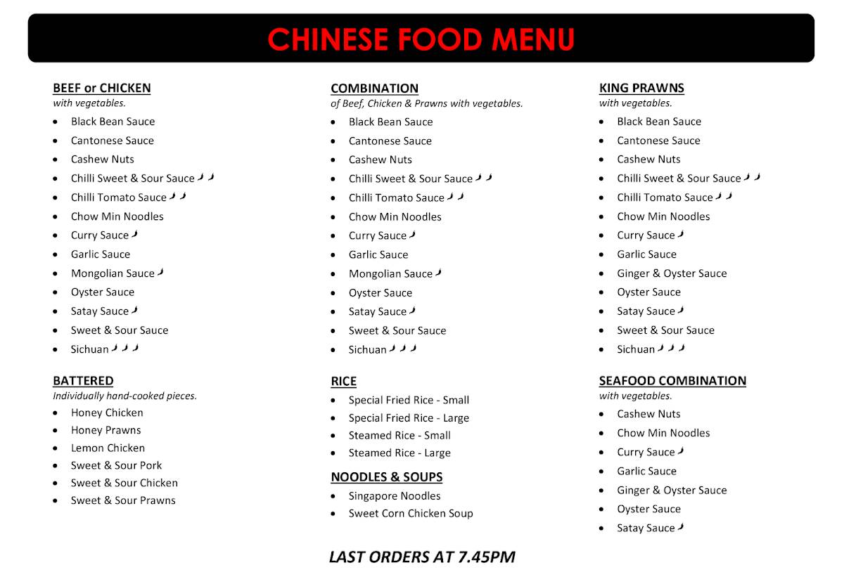 Menu at Kwok Chinese Takeaway restaurant, Moama