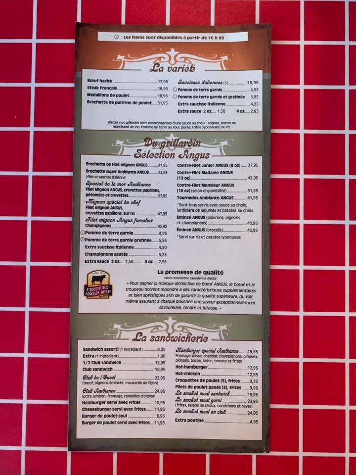 Menu au RESTO-BAR L'AMBIANCE, Sept-Iles