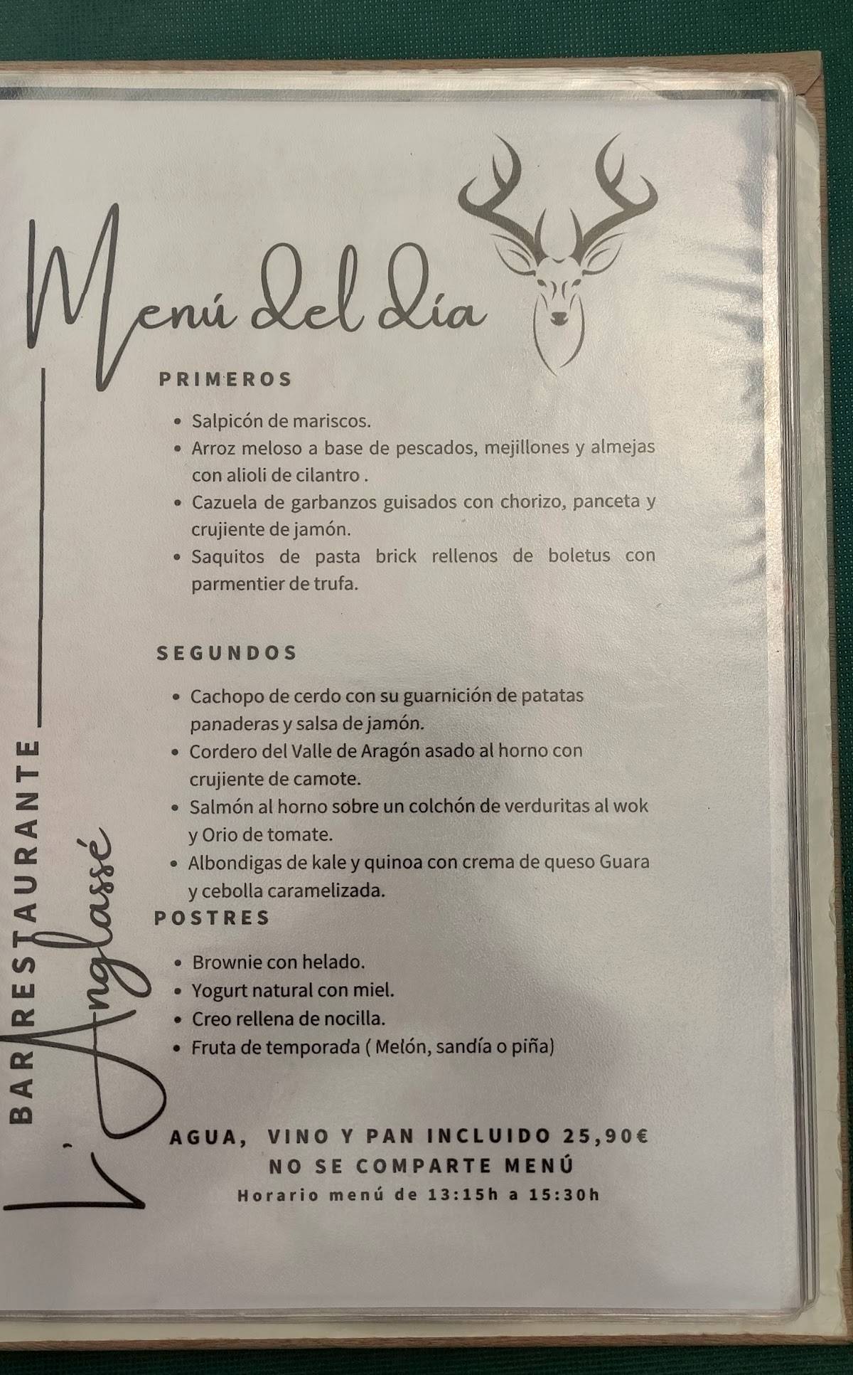 Carta del restaurante L'Anglassé, Canfranc-Estación