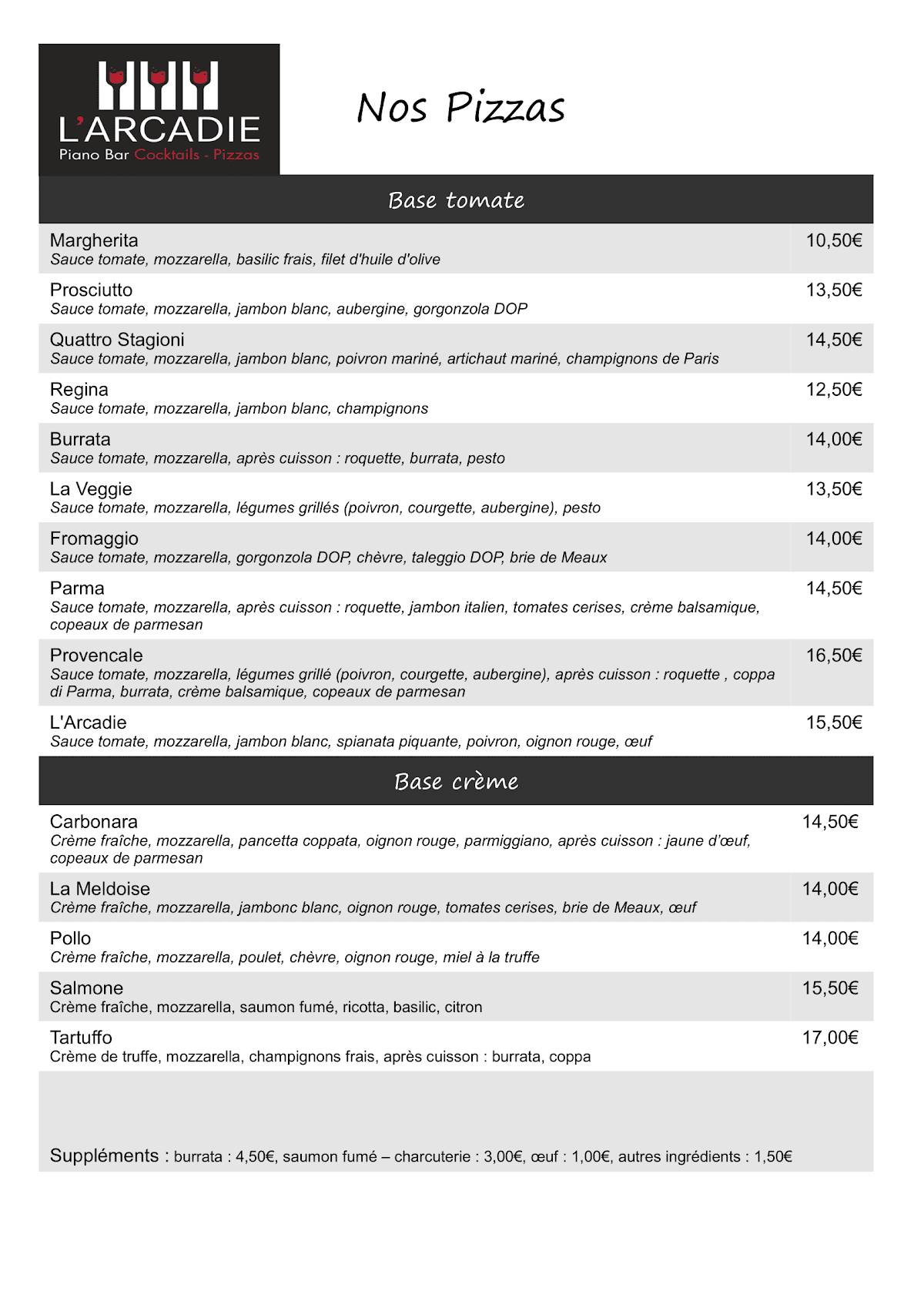 Menu au L'Arcadie restaurant, Le Passage