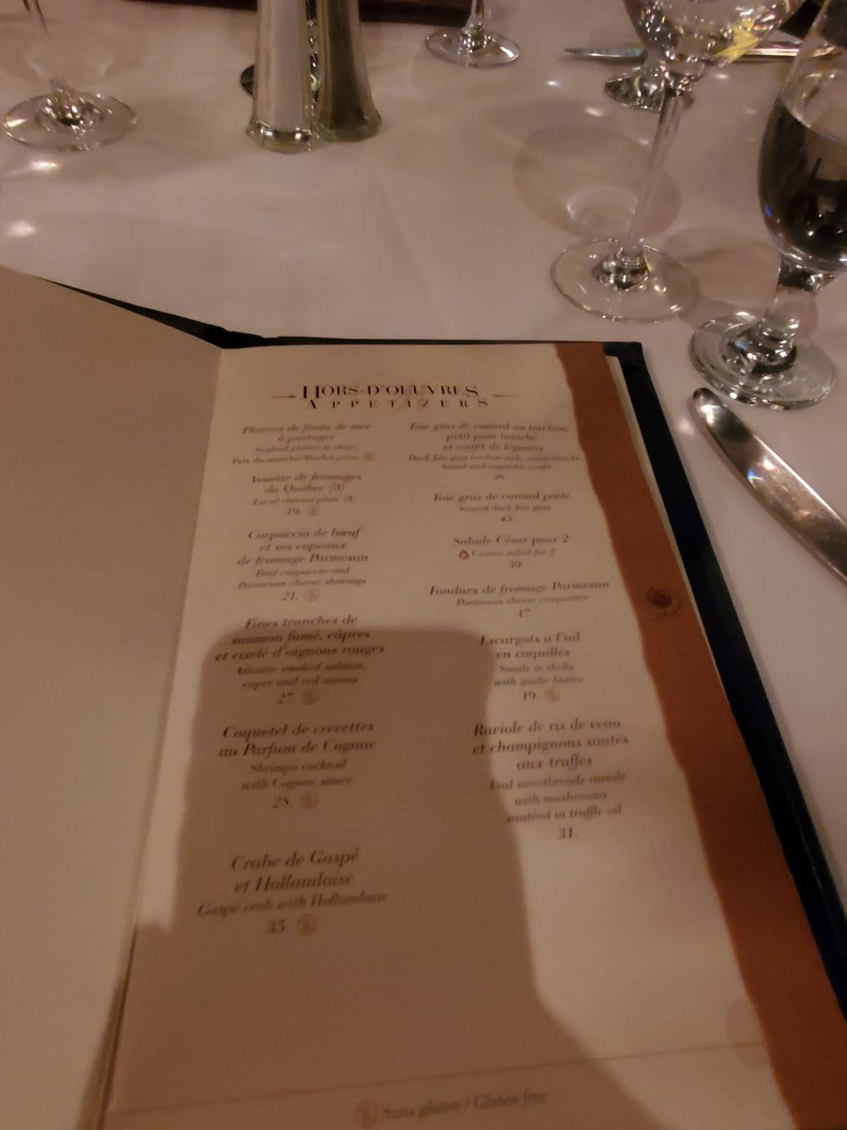 Menu au Le Continental restaurant, Québec