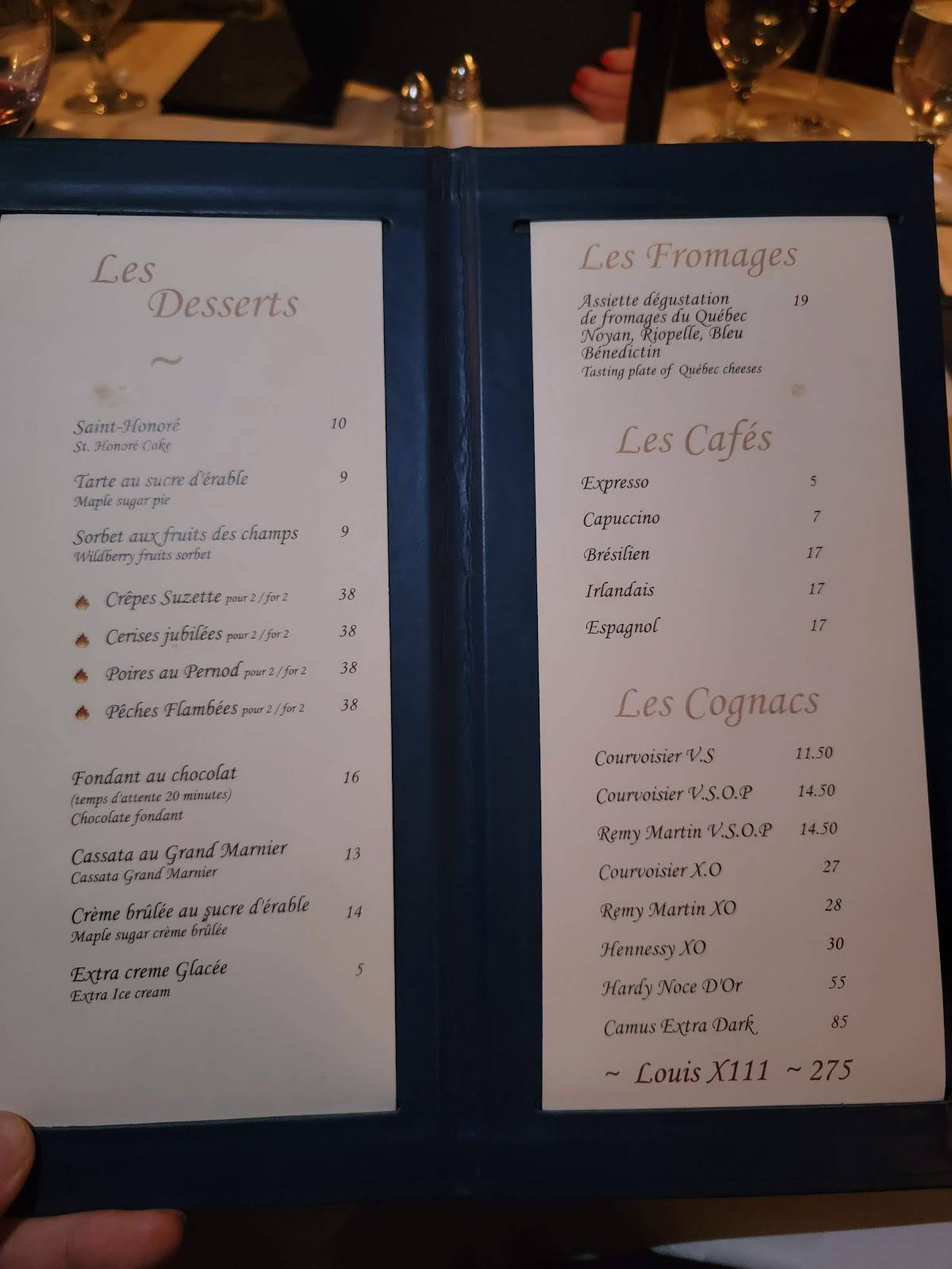 Menu au Le Continental restaurant, Québec