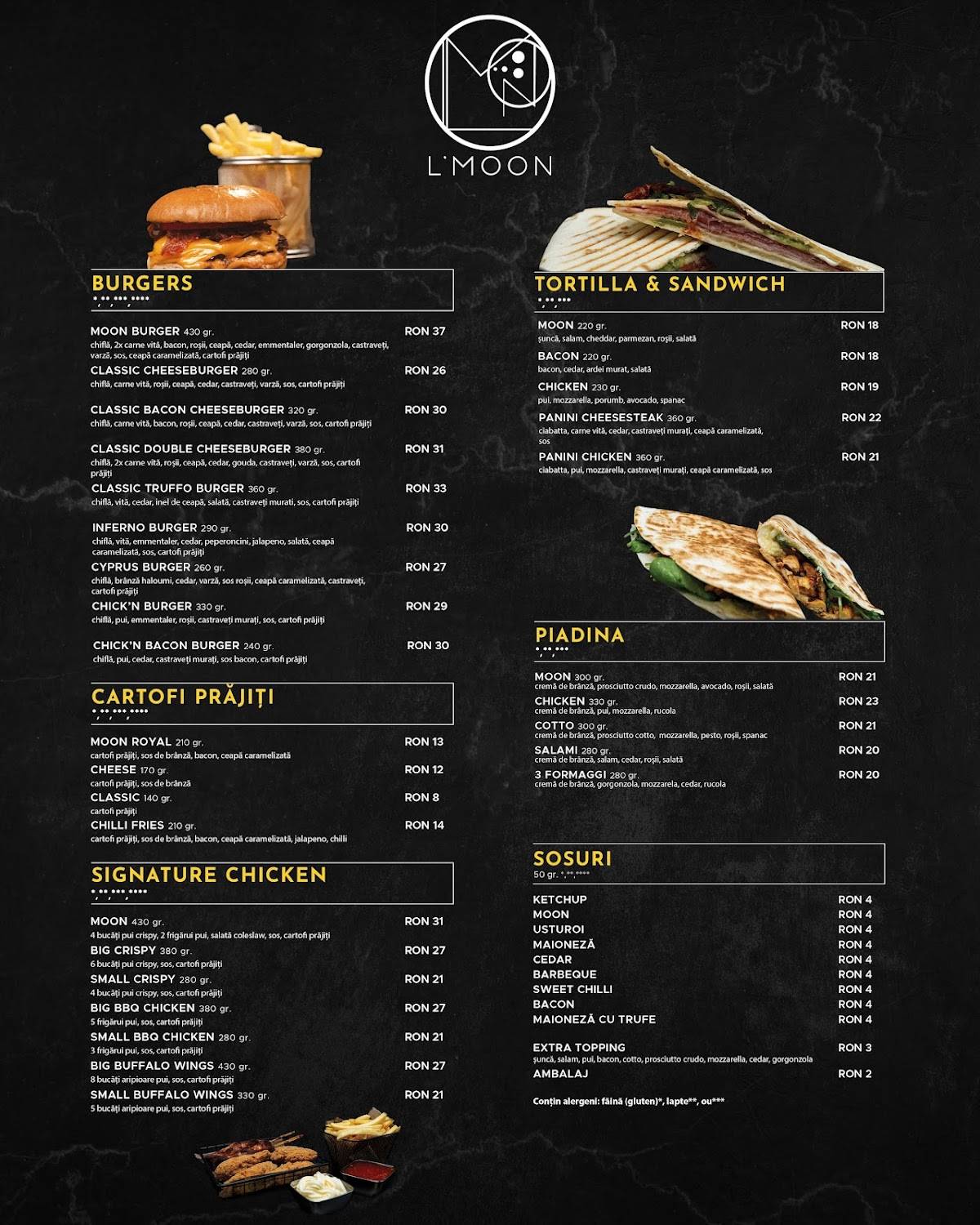 Menu at L’Moon, Blaj